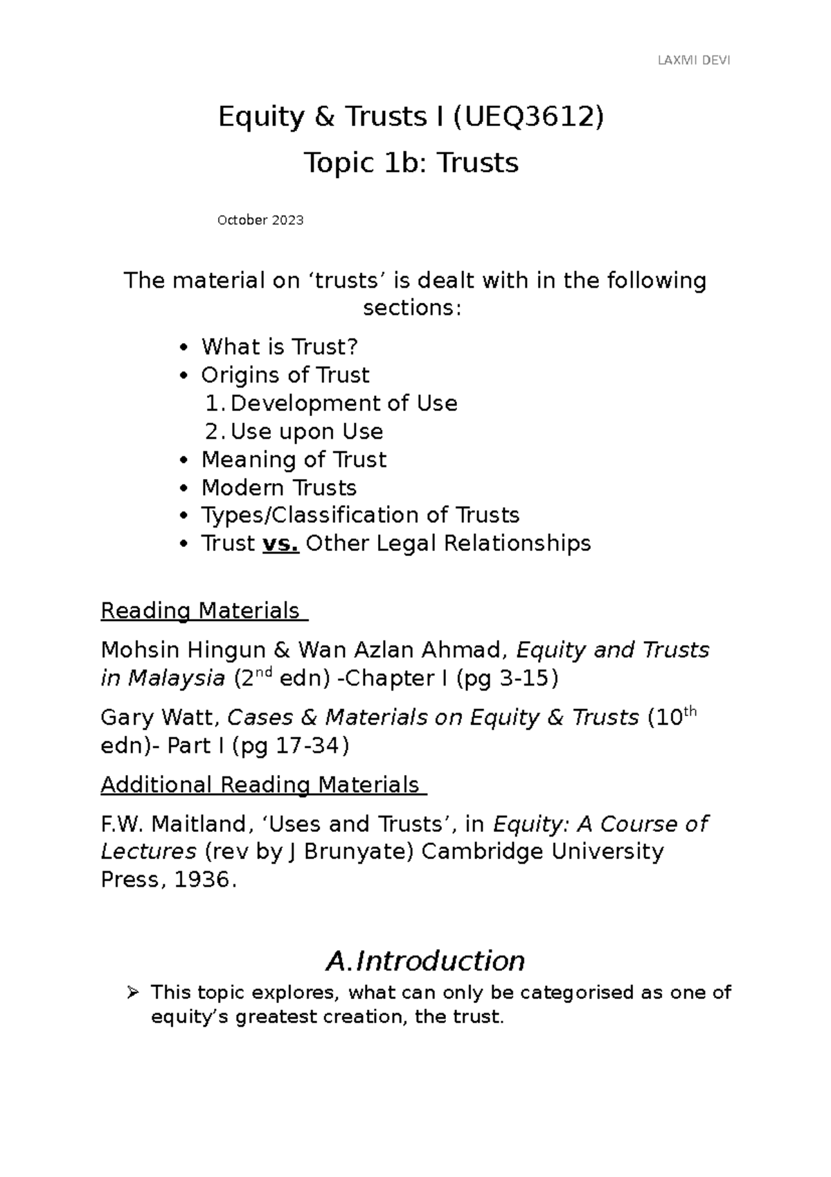 Topic 1b Handout - Equity & Trusts I (UEQ3612) Topic 1b: Trusts October ...