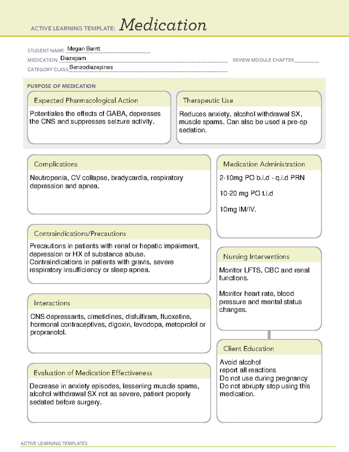Diazepam - ACTIVE LEARNING TEMPLATES Medication STUDENT NAME