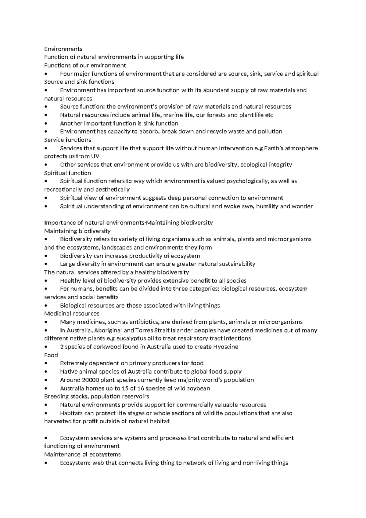 Geography notes - Environments Function of natural environments in ...