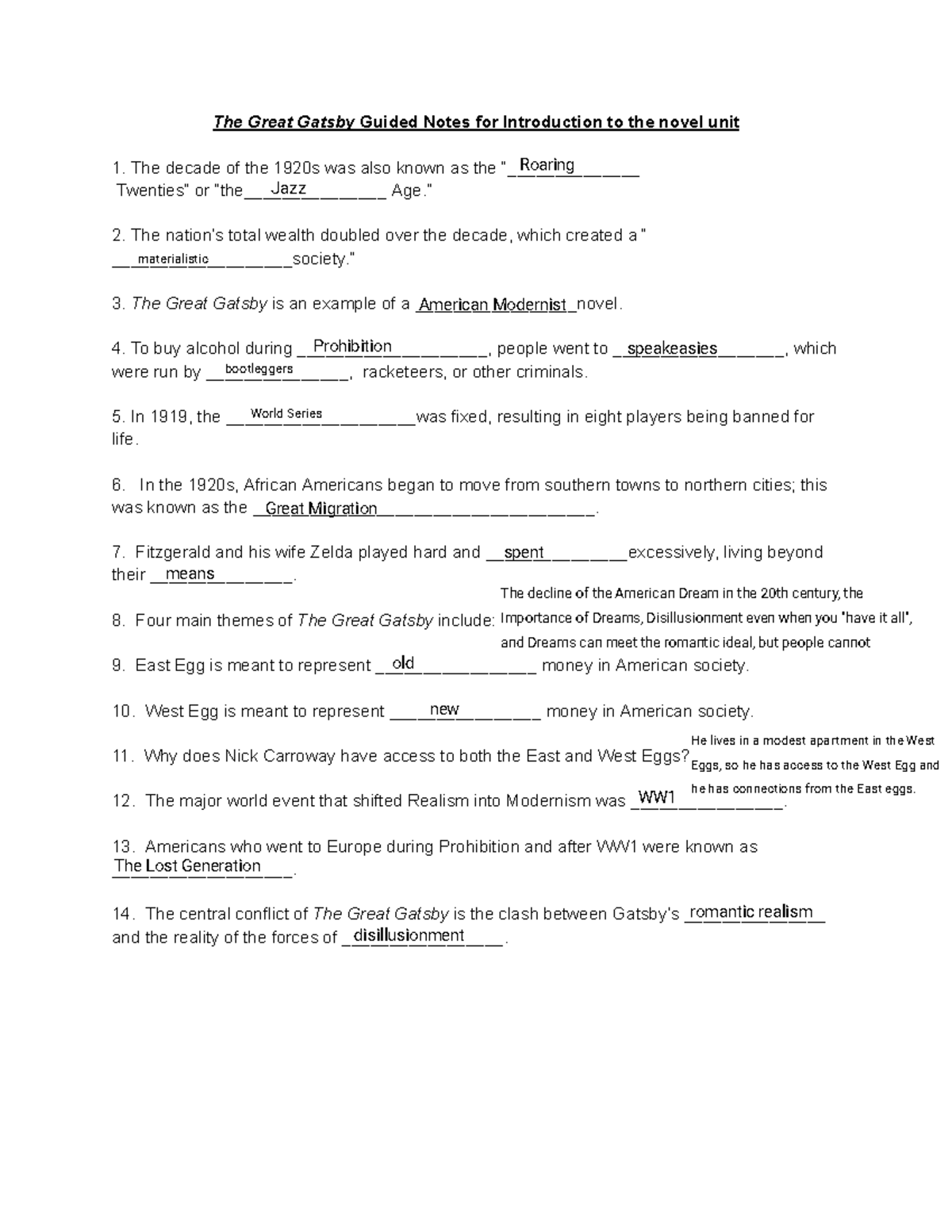 The Great Gatsby Guided Notes Template - The Great Gatsby Guided Notes ...