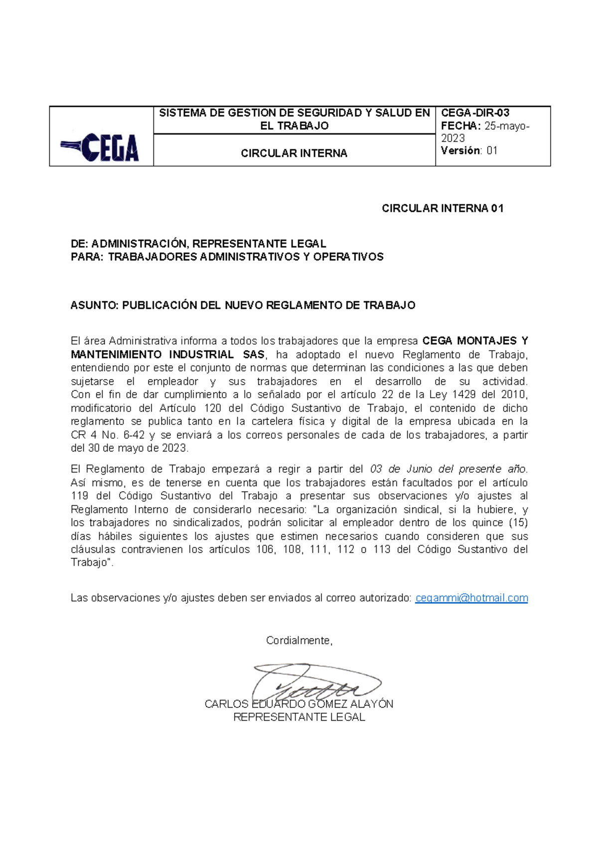 Circular Interna 01 sg - ejemplo - SISTEMA DE GESTION DE SEGURIDAD Y ...