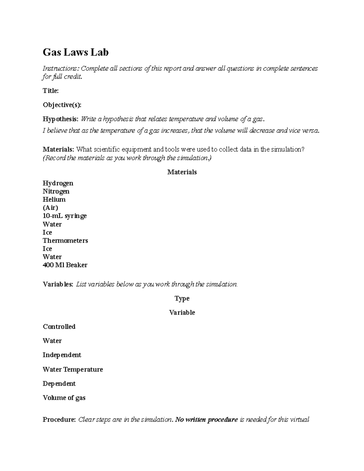 Gas Laws Lab Report for Course 2223 - Gas Laws Lab Instructions ...