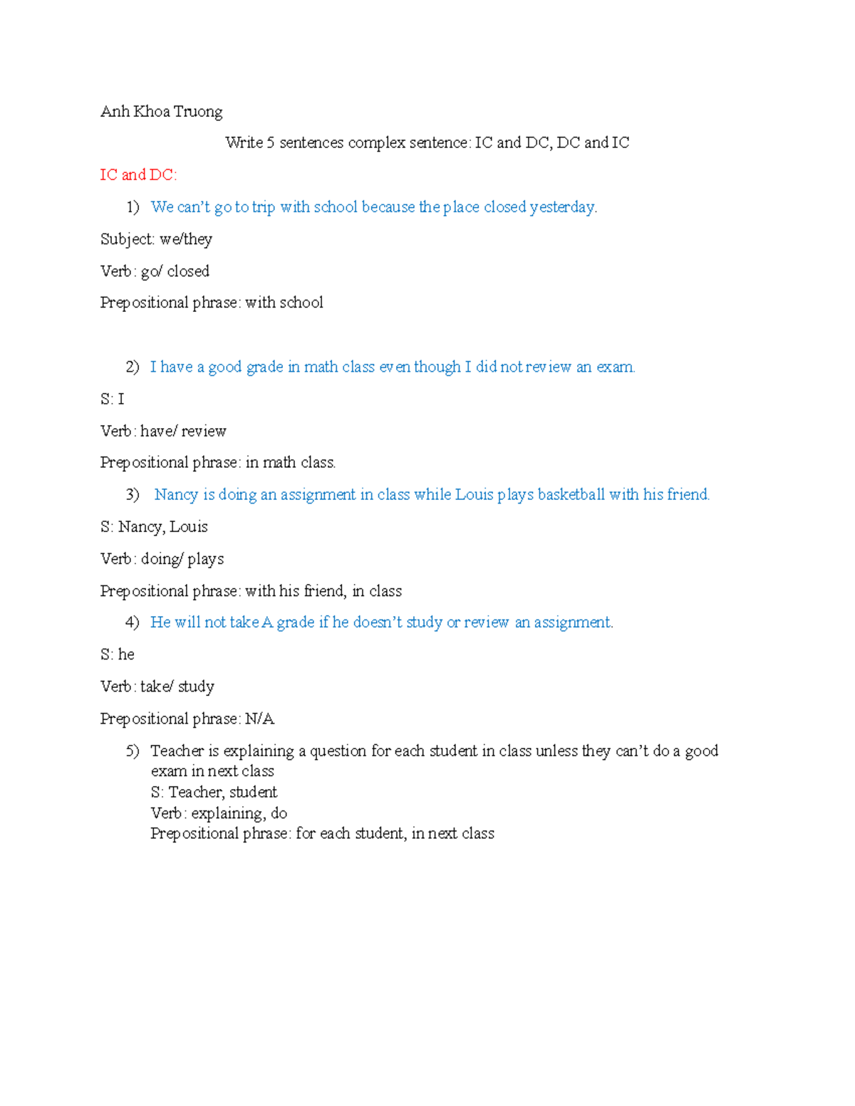 DIRW- write complex sentence - Anh Khoa Truong Write 5 sentences ...