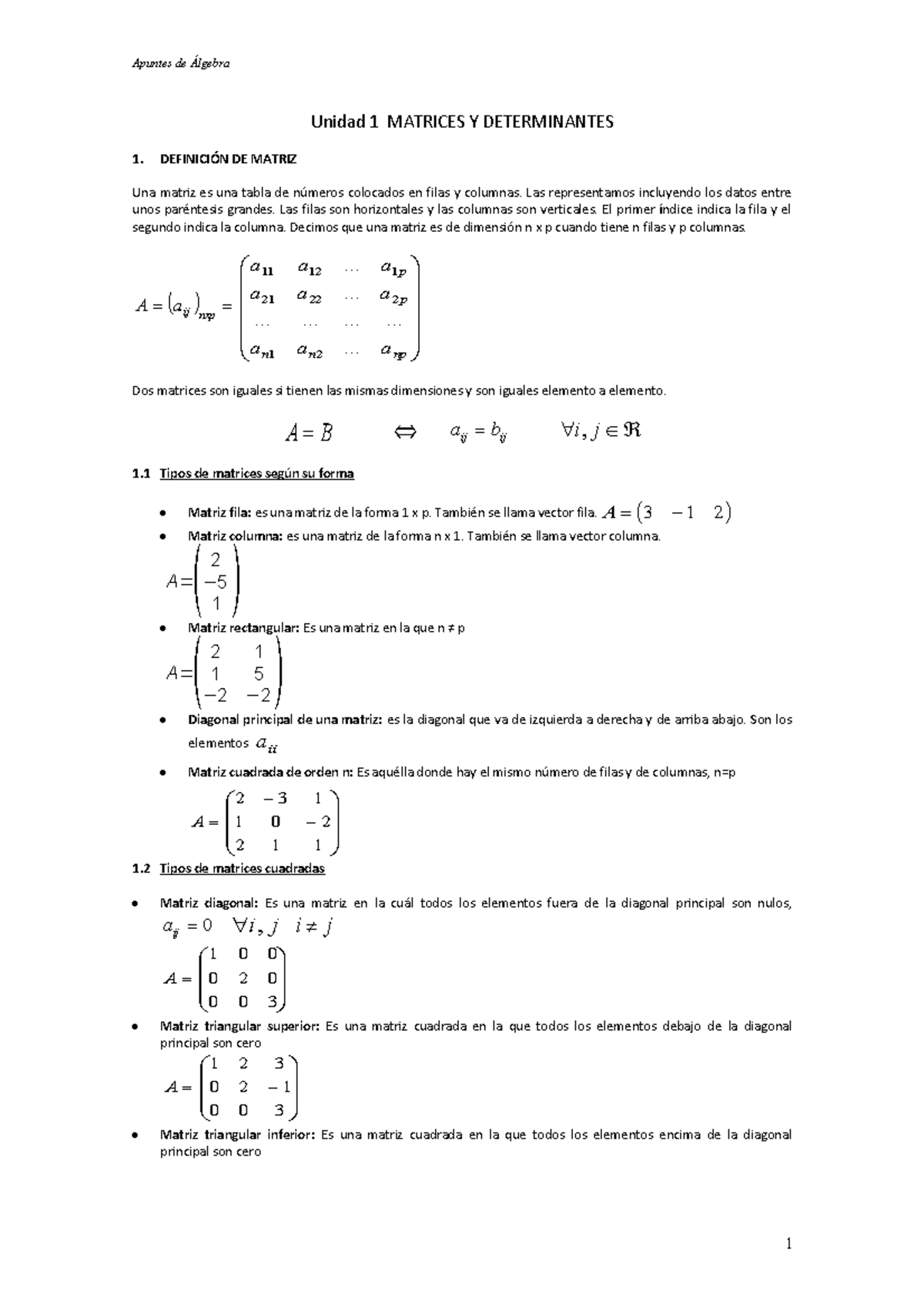 Matrices y Programación lineal - Apuntes de Álgebra Unidad 1 MATRICES Y ...