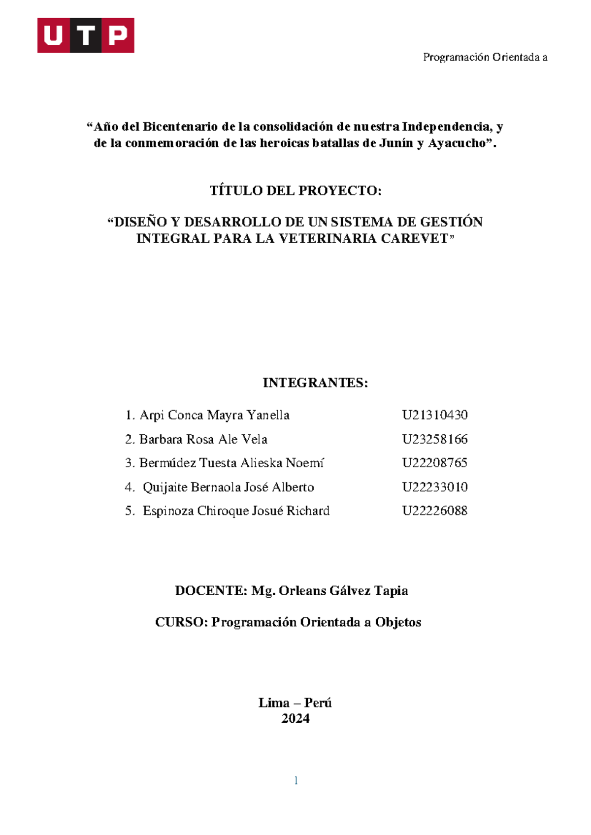 Avance 2 DEL Proyecto Final v2 - Objetos “Año del Bicentenario de la consolidación de nuestra ...