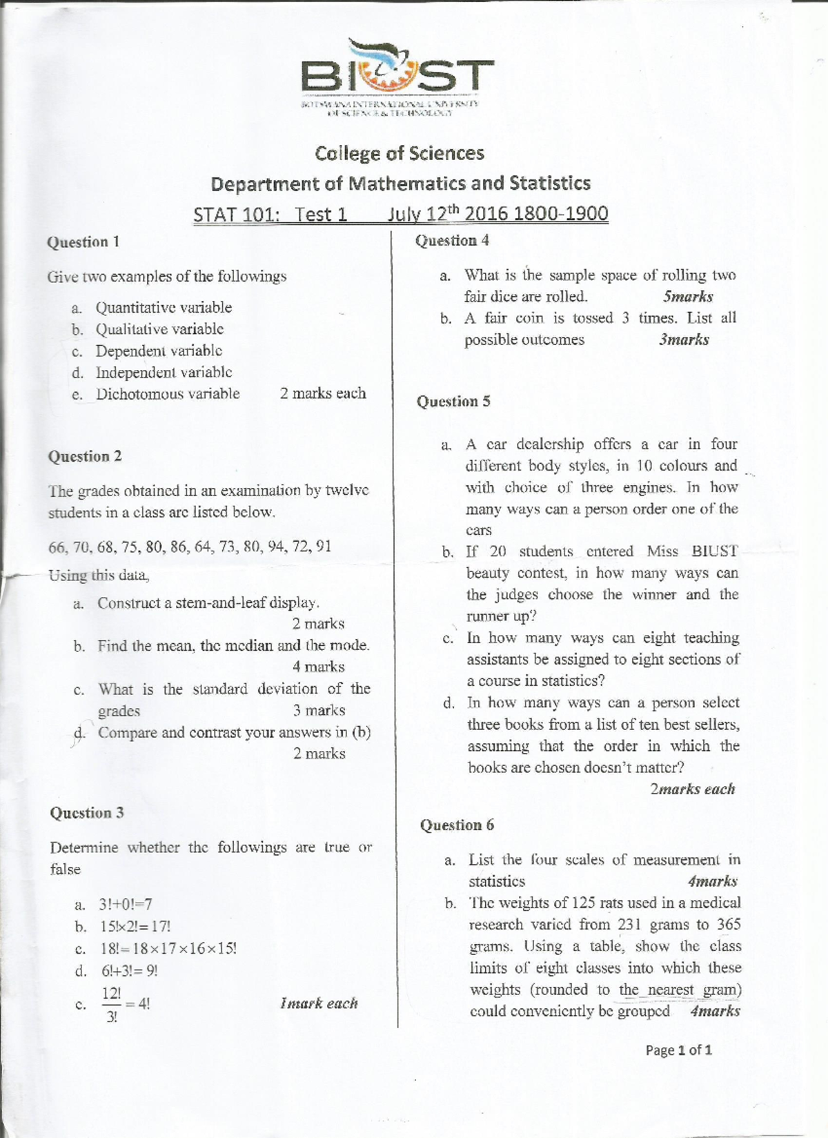 Stats 101 TEST 1 2016 - Test papers - Integral Calculus - Studocu