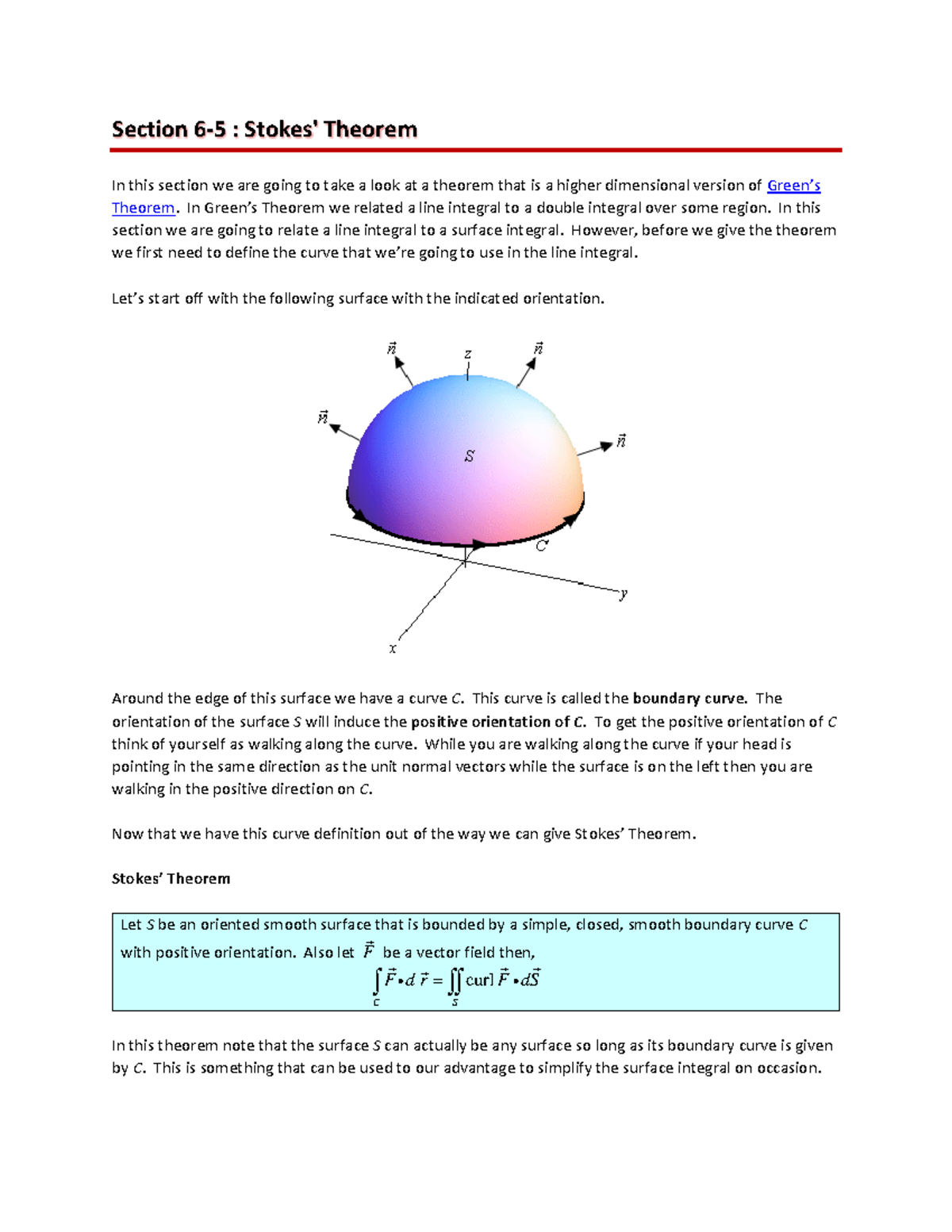 Calc Iii Stokes Thm Lecture Notes Section 6 5 Stokes Theorem In This Section We Are Going