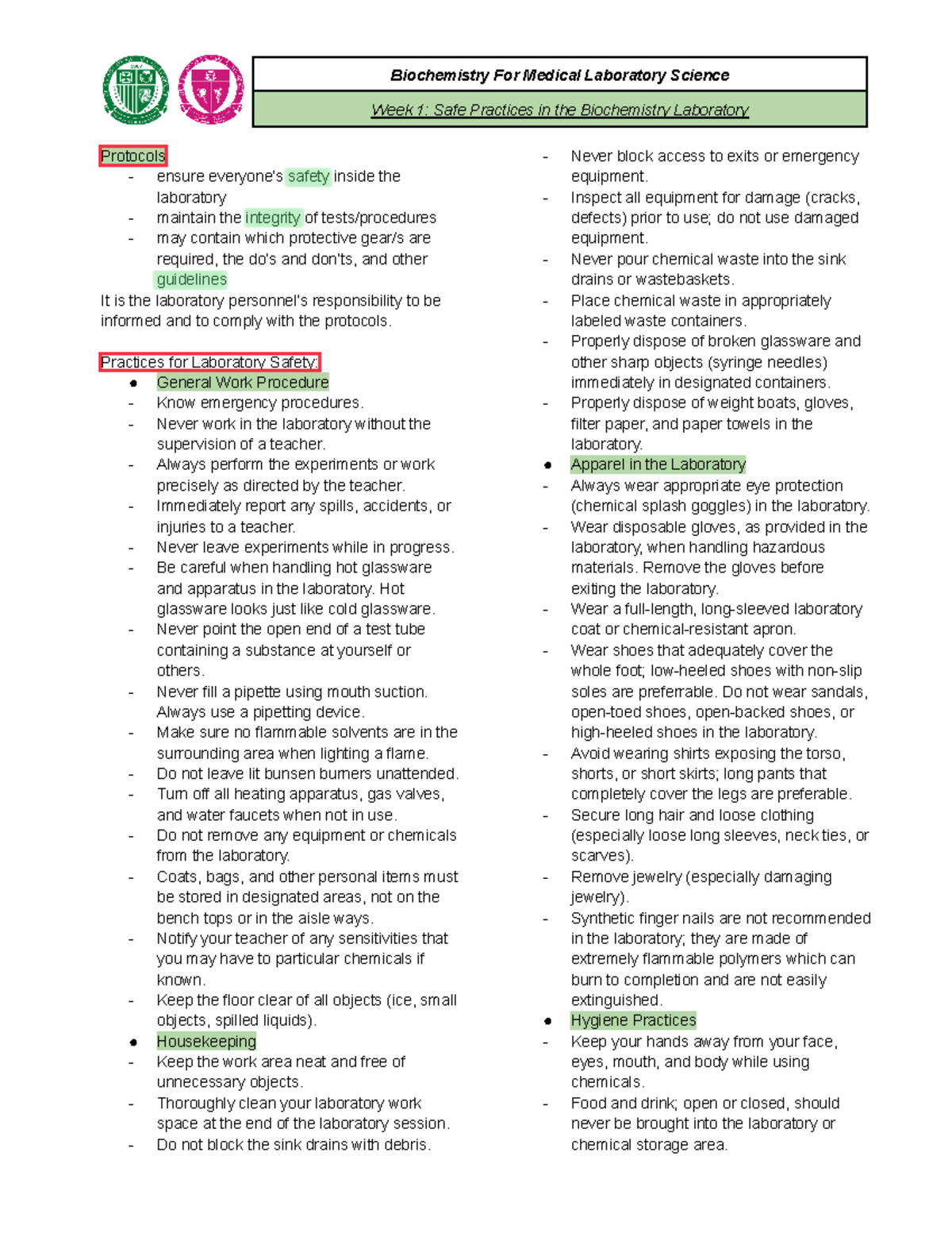 WEEK 1 Safe Practices in the Biochemistry Laboratory - Biochemistry For ...