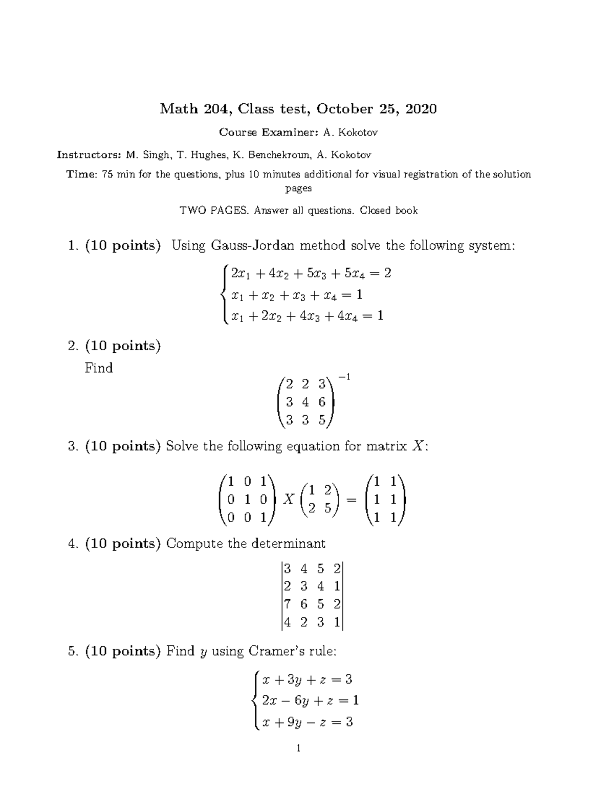 MATH204 Midterm NO Solutions Fall2020 - Math 204, Class test, October ...