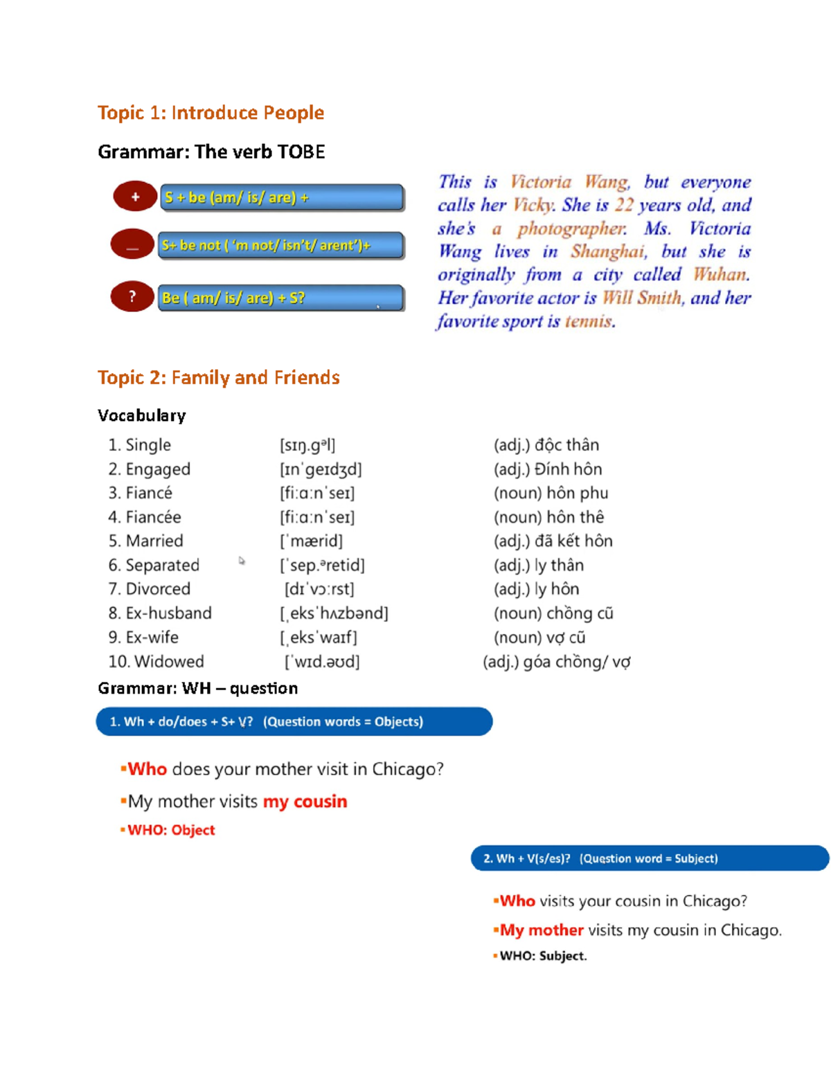 Grammar 1 - Topic 1: Introduce People Grammar: The verb TOBE Topic 2 ...
