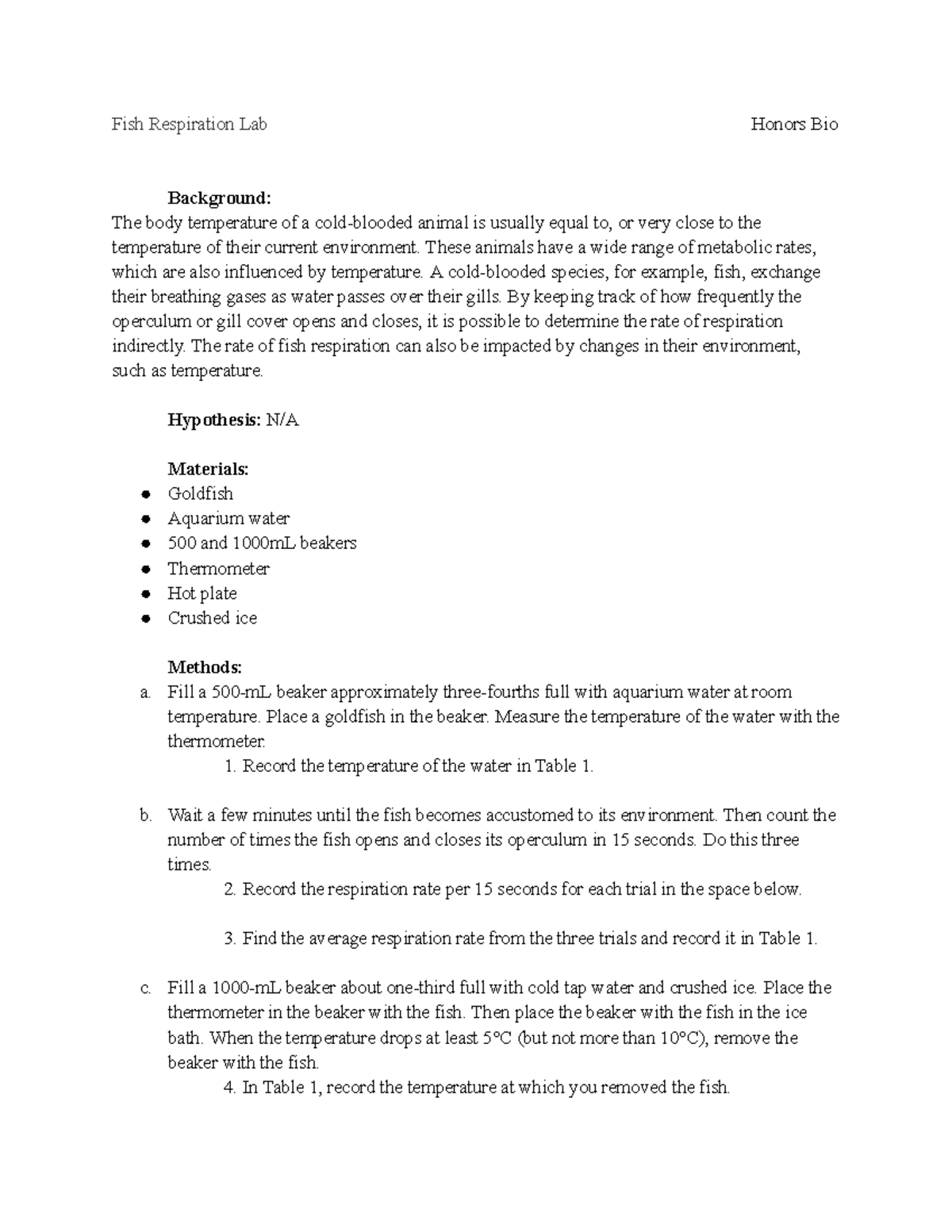 Fish Respiration Lab write up - Fish Respiration Lab Honors Bio ...