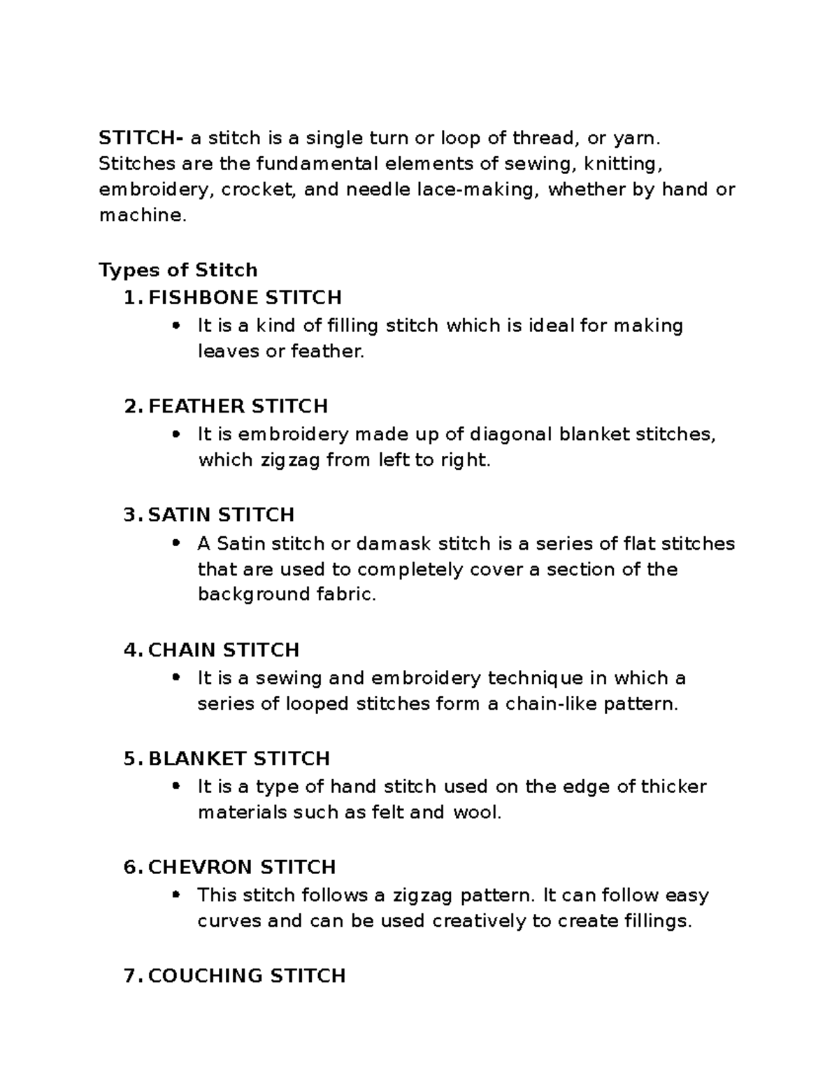A2 - note - STITCH- a stitch is a single turn or loop of thread, or ...