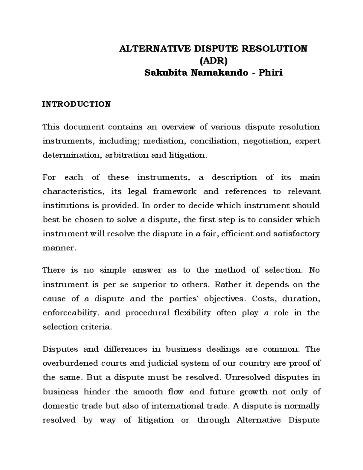 ADR -Topic 1 - Summary International law - ALTERNATIVE DISPUTE ...
