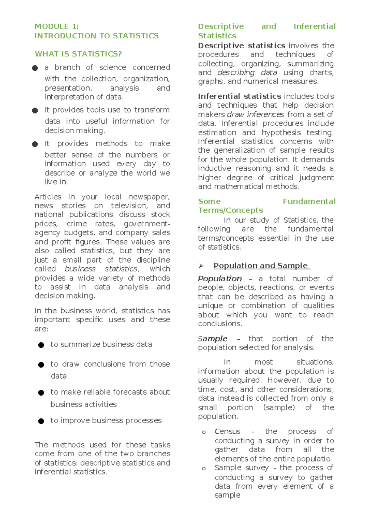 CMPC 313 Notes - MODULE 1: INTRODUCTION TO STATISTICS WHAT IS ...