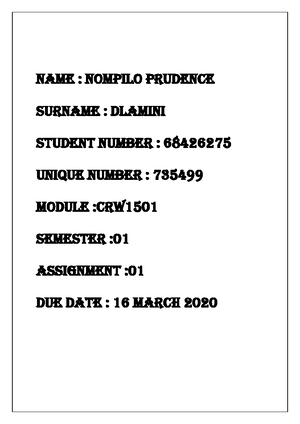 CRW1501- Memorandum.. answer of Questions - CRW1501/201/1/ Tutorial ...