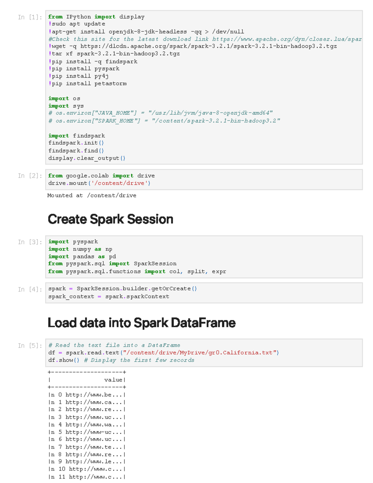 Task2 - Mounted at /content/drive Create Spark Session Load data into Spark DataFrame ...