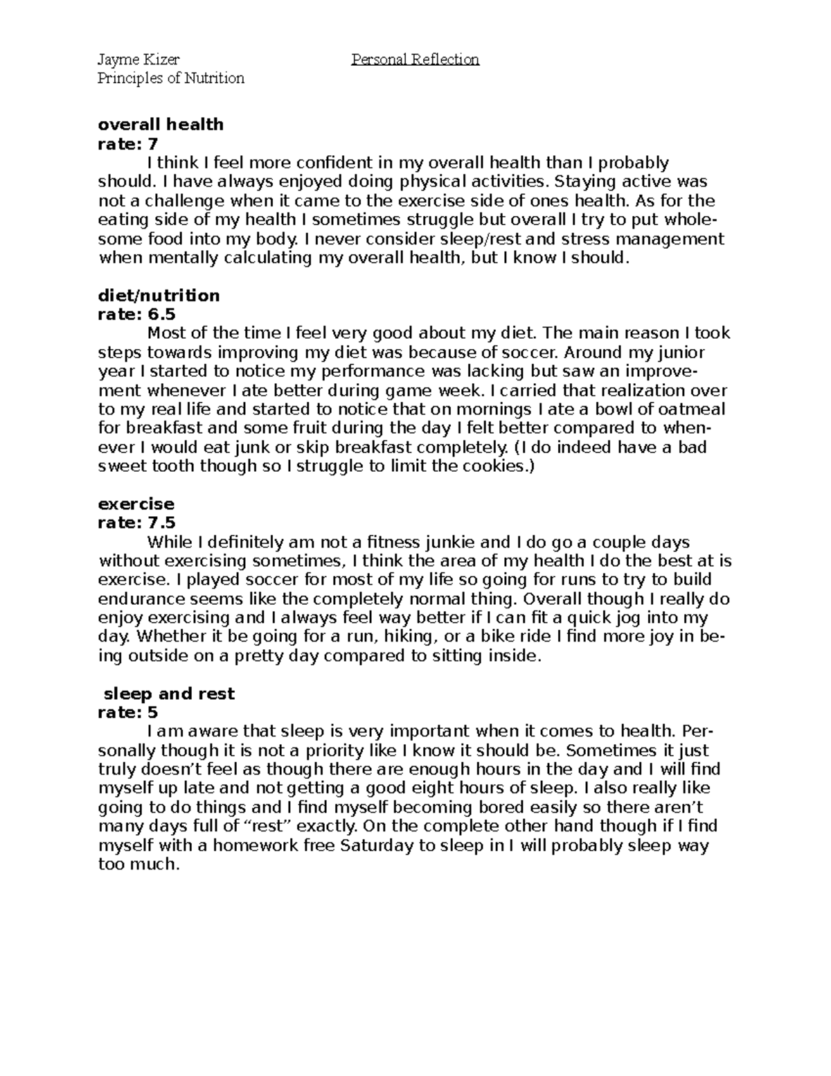 Nutrition Project 1 - Jayme Kizer Personal Reflection Principles of ...