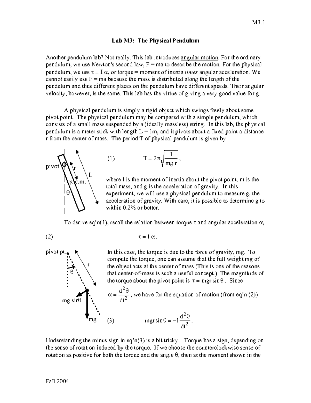 Lab 2 The Physical Pendulum - Lab M3: The Physical Pendulum Another ...