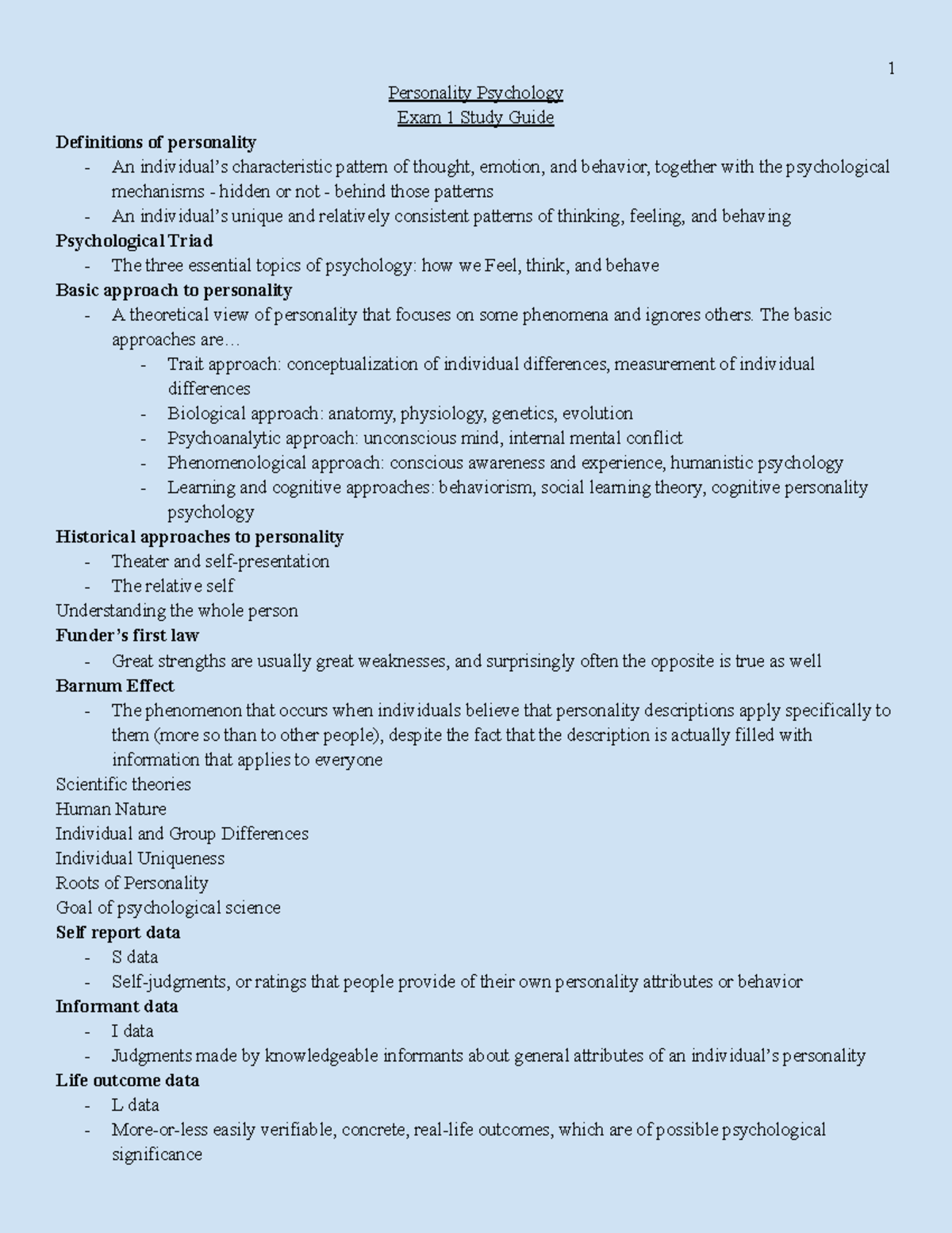 Exam 1 Study Guide - Personality Psychology Exam 1 Study Guide ...