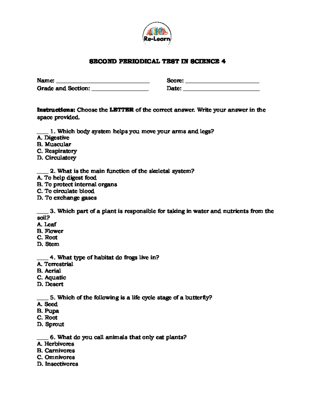 Second Periodical TEST IN Science 4 (Re-Learn) - SECOND PERIODICAL TEST ...