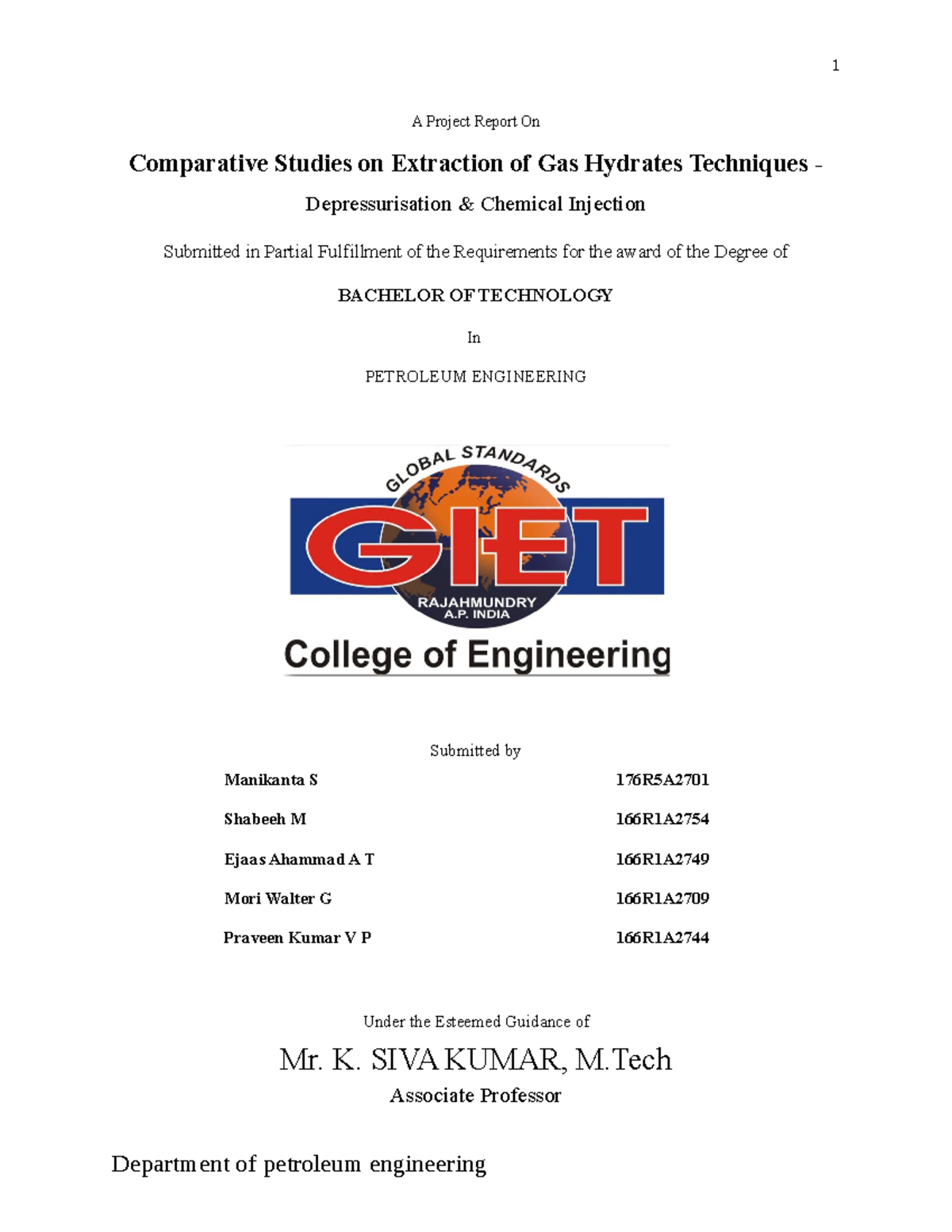 Gas hydrate extraction - A Project Report On Comparative Studies on ...