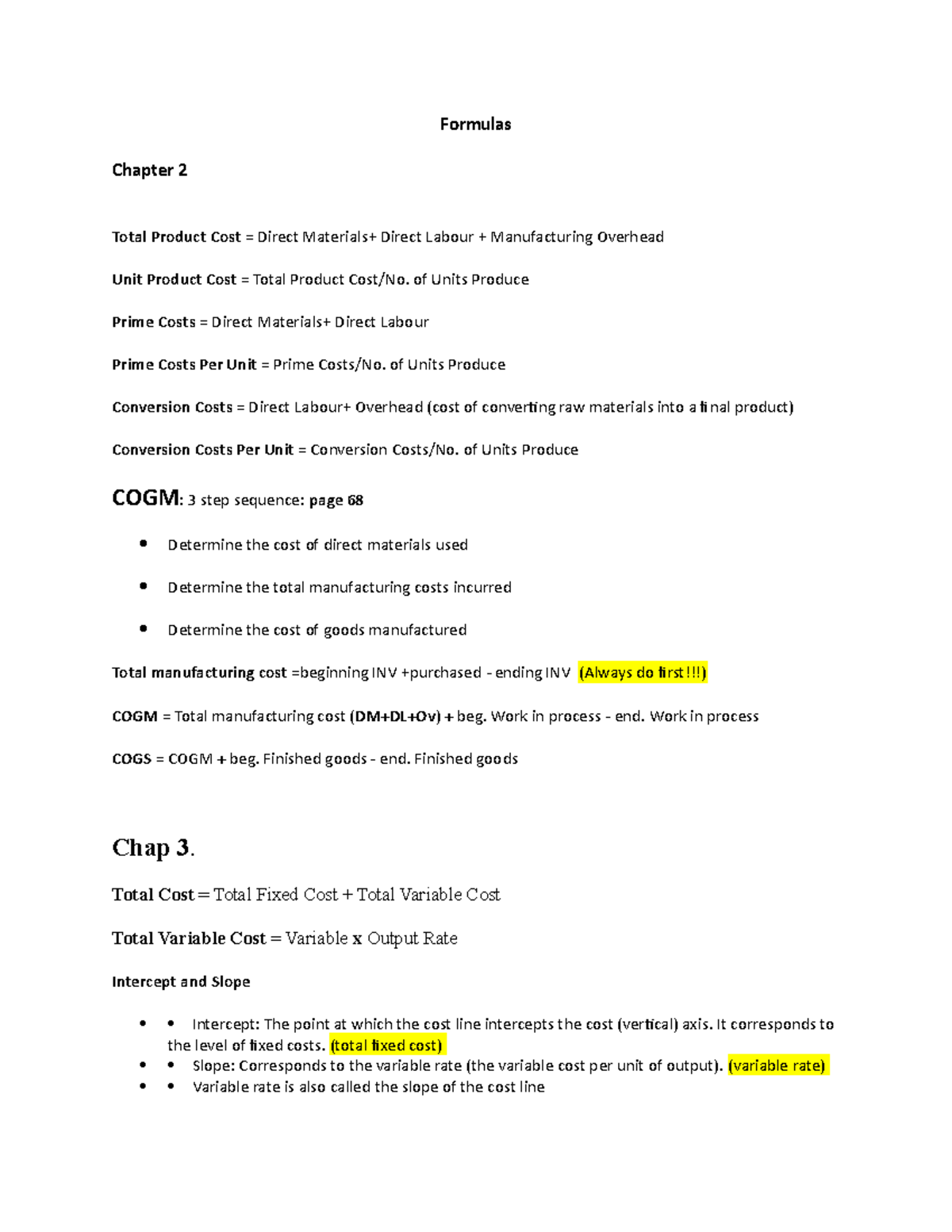 Formulas - Formulas Chapter 2 Total Product Cost = Direct Materials+ ...