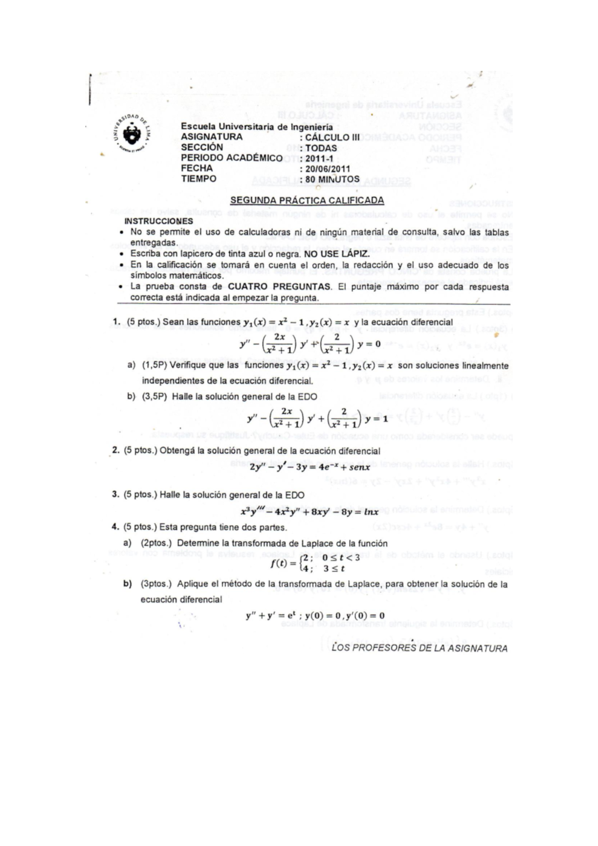 Pc2-calculo 3 - PRÁCTICA NRO 2 DEL CURSO DE CÁLCULO III,DONDE SE EVALUAN TEMAS ECUACIONES ...