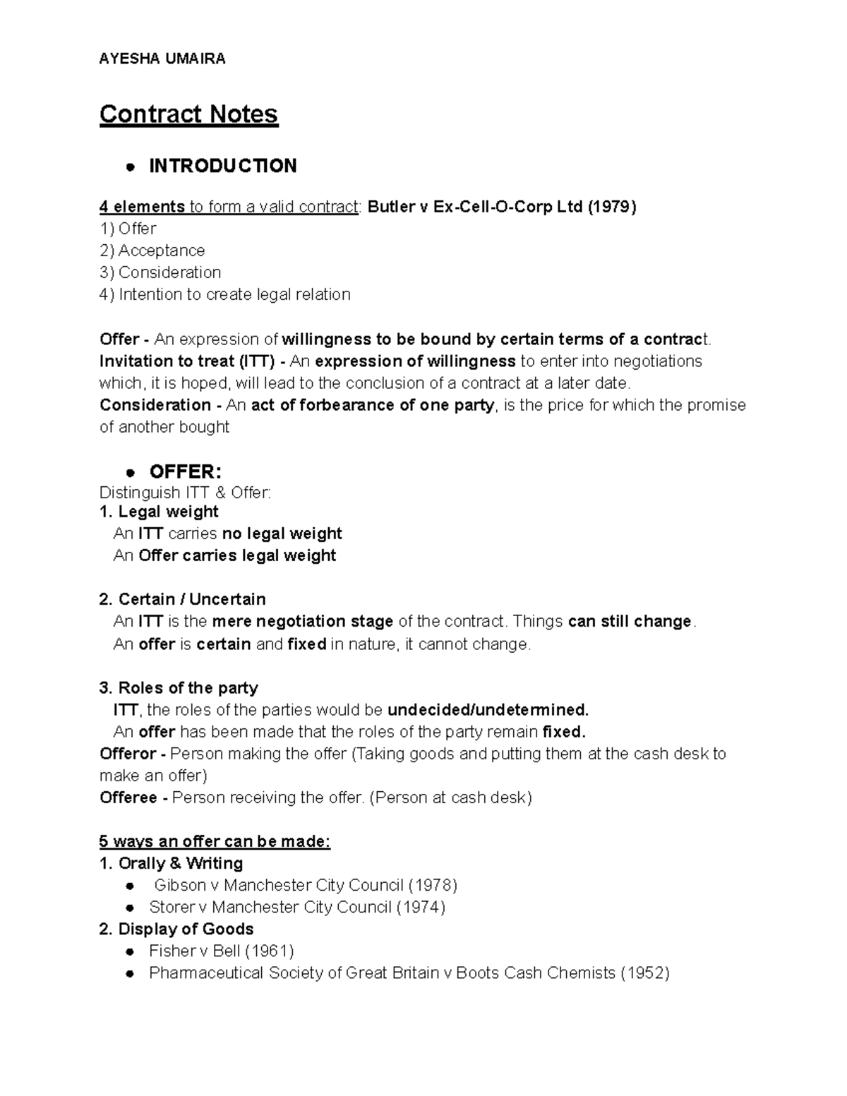Contract Law Notes - Contract Notes INTRODUCTION 4 elements to form a ...