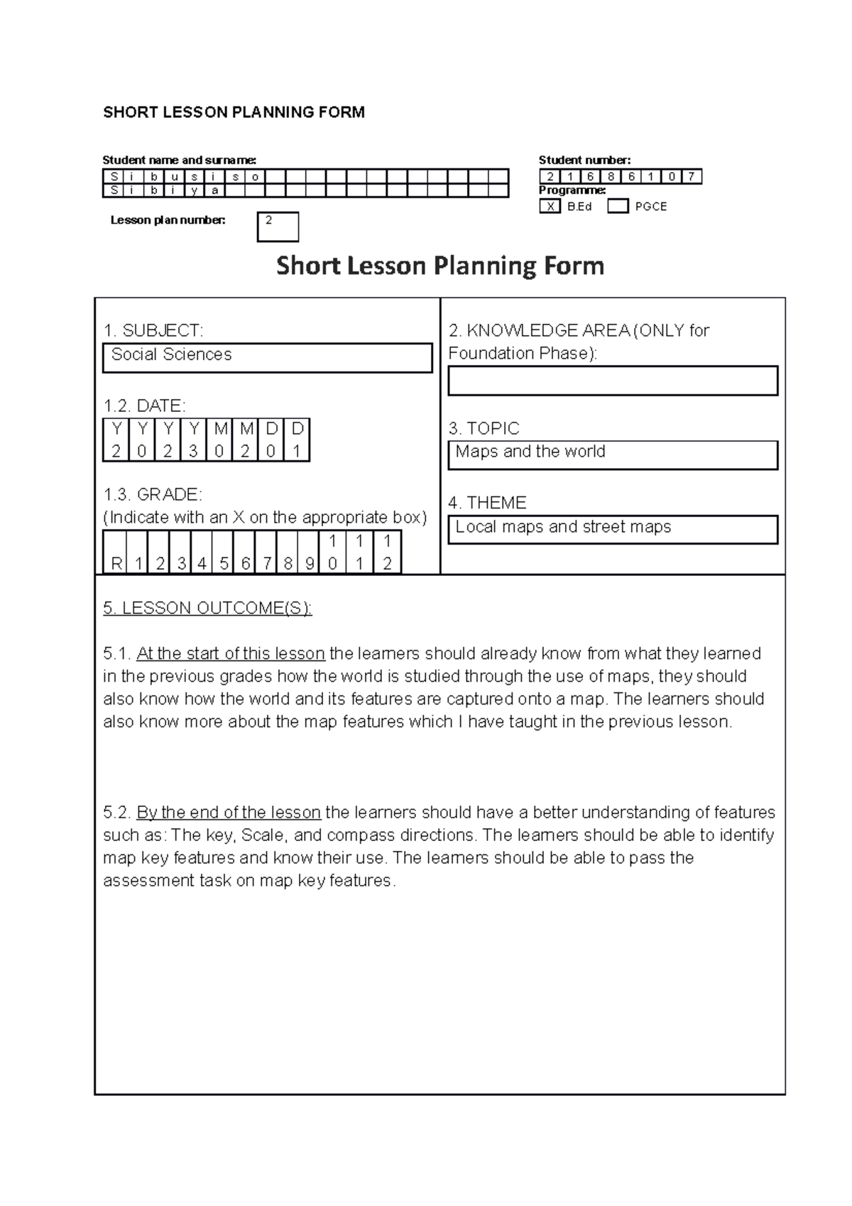 TUKS Short Lesson plan 2 - SHORT LESSON PLANNING FORM Student name and ...