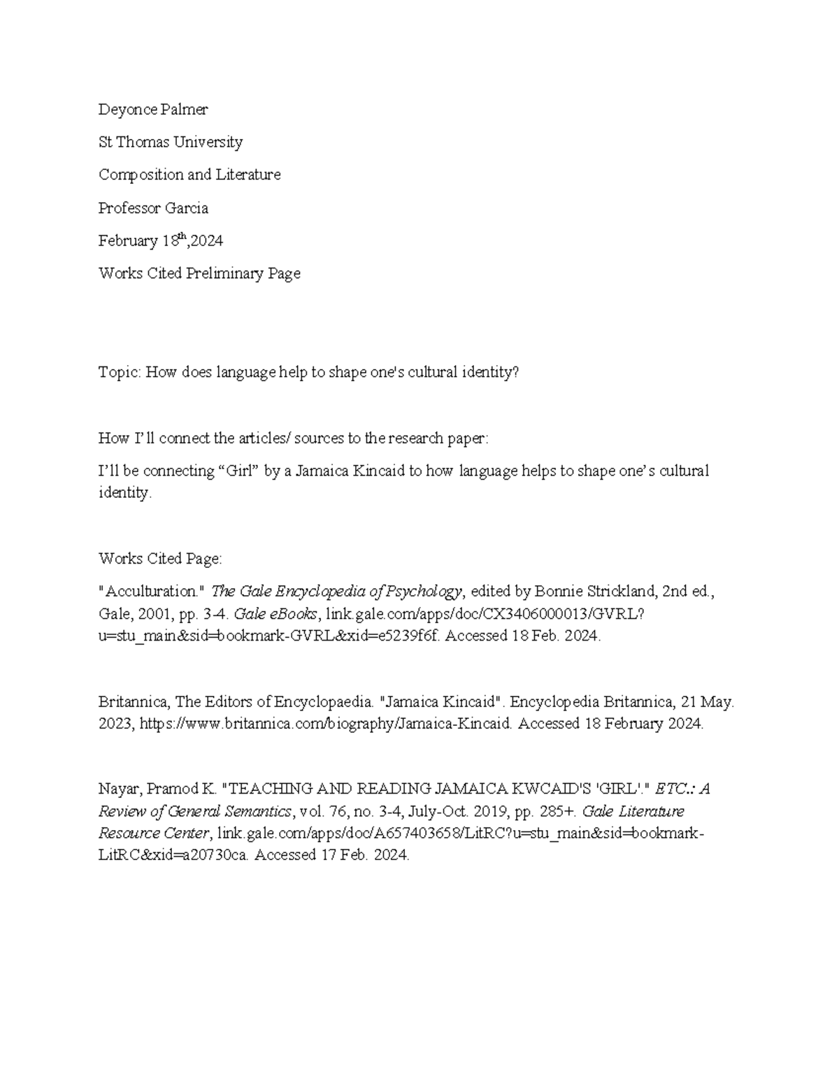 Works Cited Preliminary Page - Deyonce Palmer St Thomas University ...