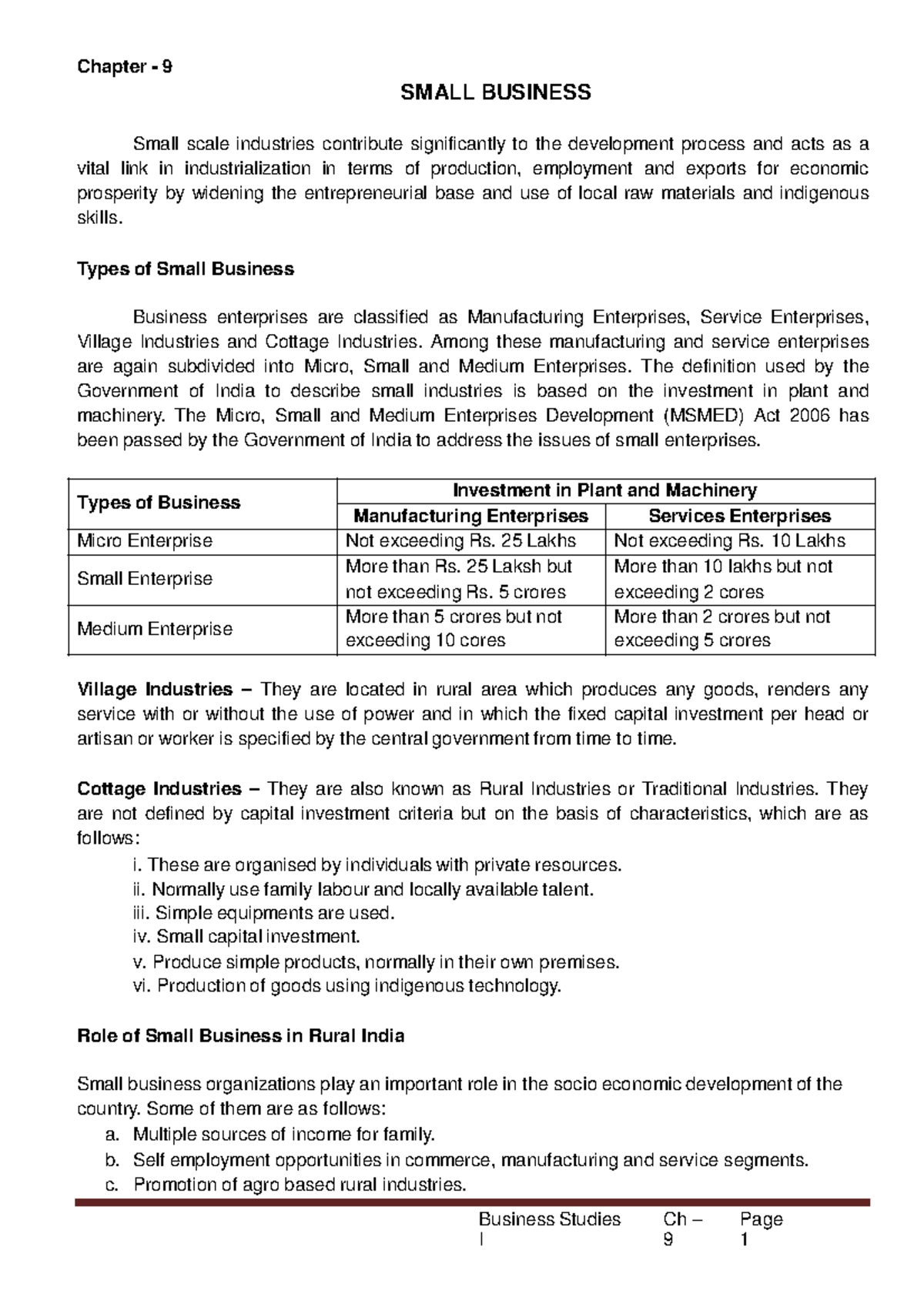Chapter 9 Small Business - Chapter - 9 Business Studies Ch – Page SMALL ...