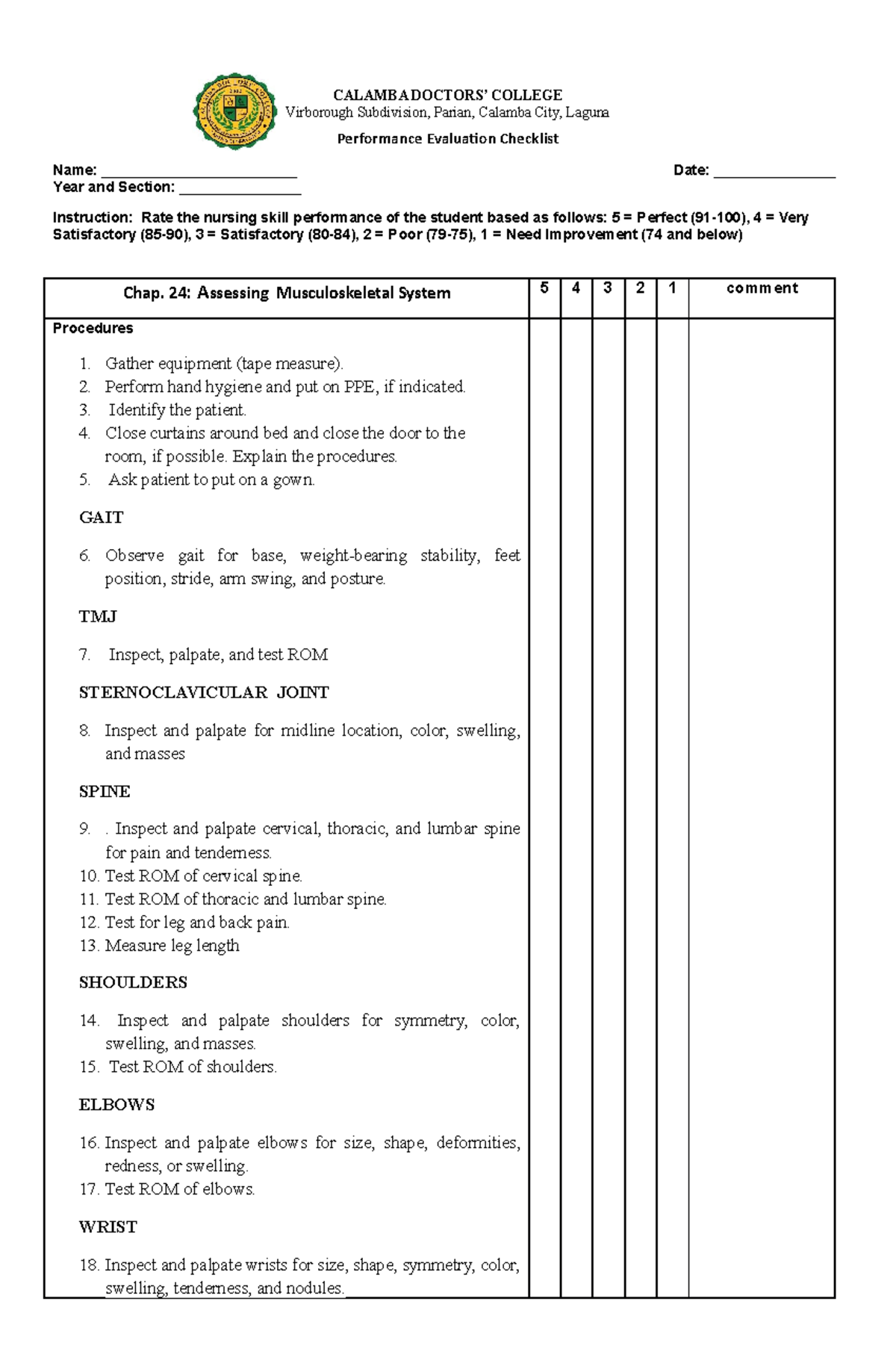 Assessing Musculoskeletal - CALAMBA DOCTORS’ COLLEGE Virborough ...