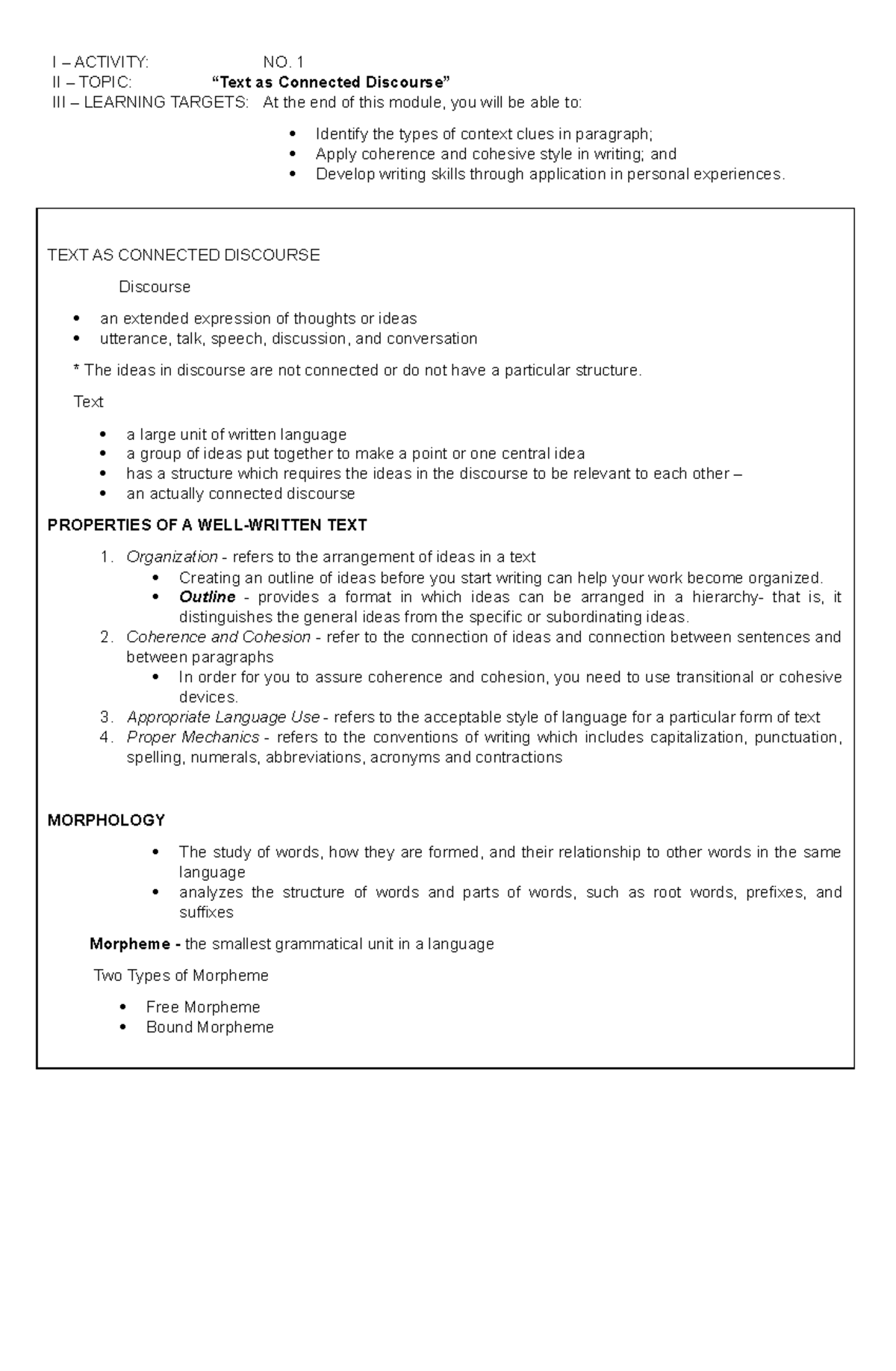 Reading ang Writing module - I – ACTIVITY: NO. 1 II – TOPIC: “Text as ...