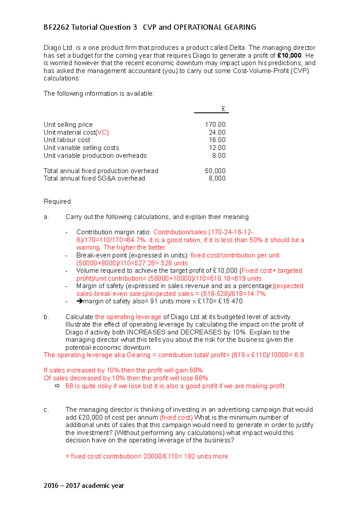 Accounting Seminar WEEK 21 - BF2262 Tutorial Quesion 3 CVP and ...