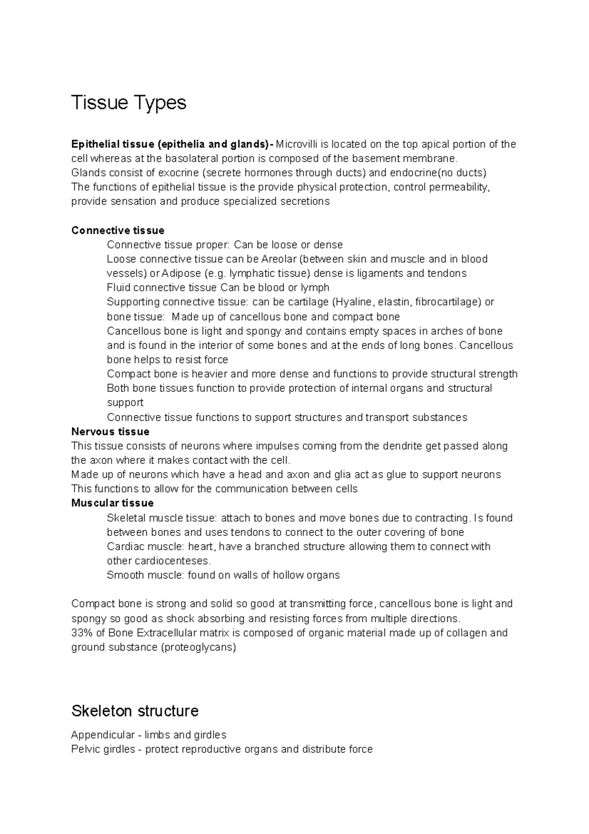 HUBS Progress test notes - Tissue Types Epithelial tissue (epithelia ...