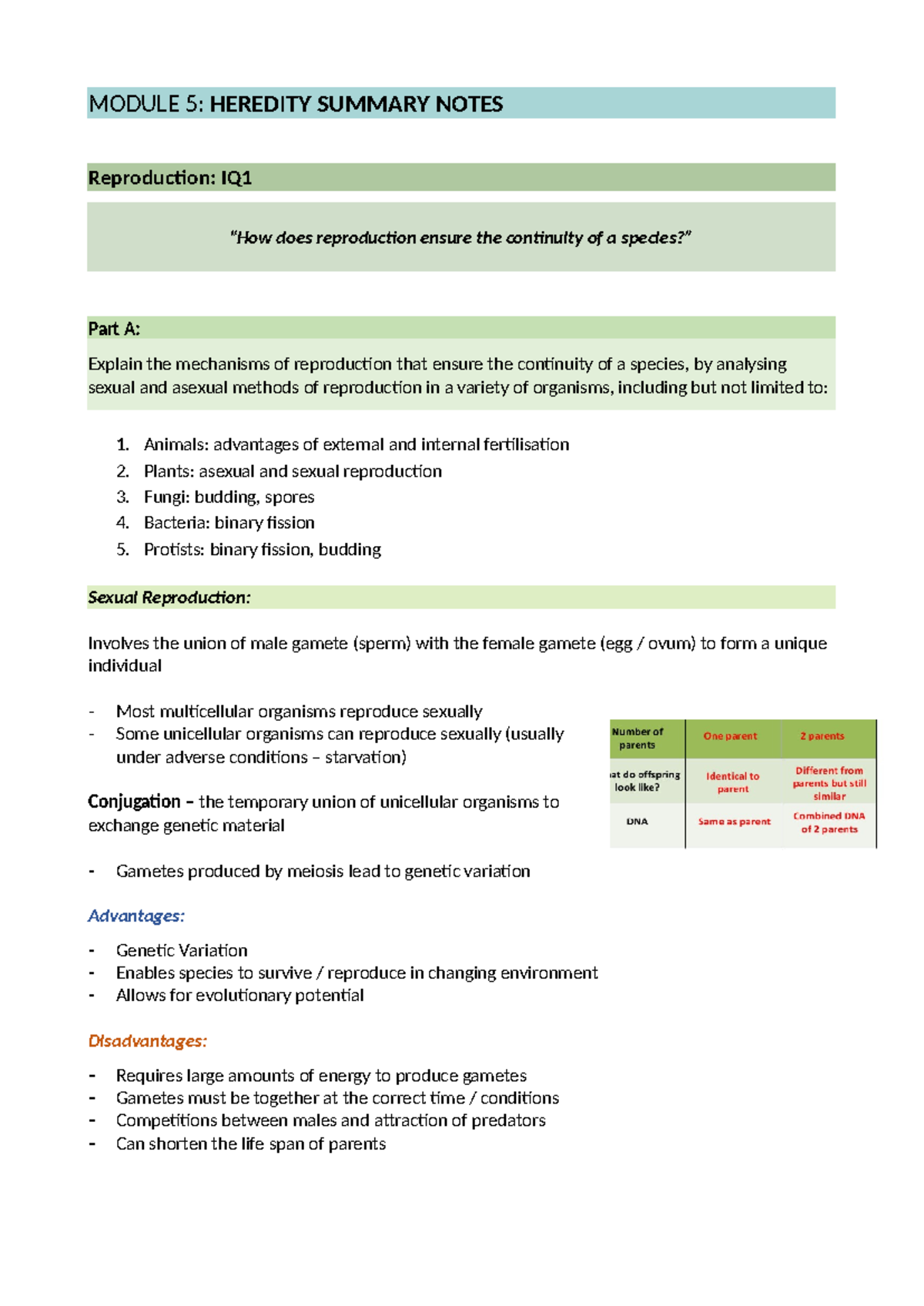 Module 5 Full Notes - MODULE 5: HEREDITY SUMMARY NOTES Reproduction: IQ ...