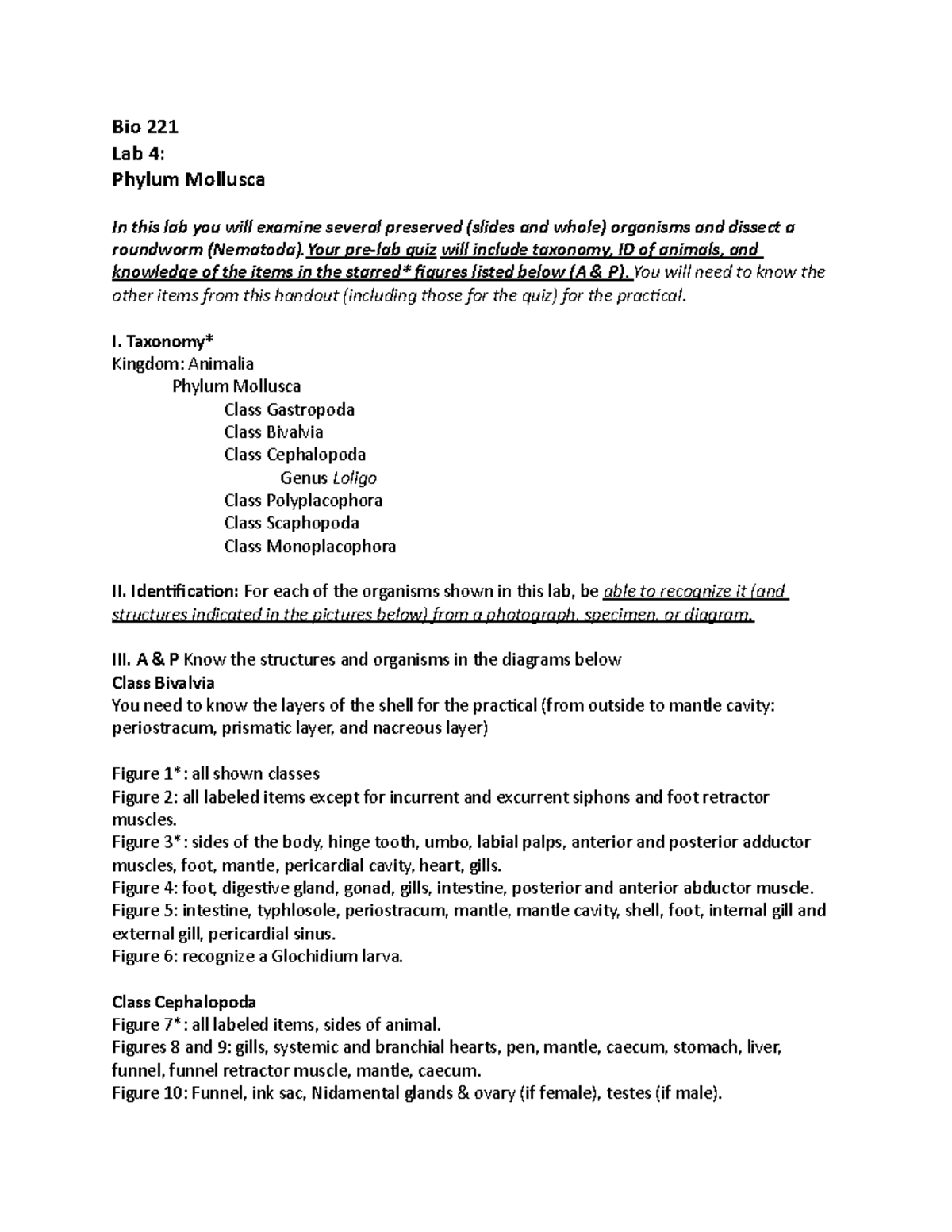 Zoology lab handout 4-1 (2022) - Bio 221 Lab 4: Phylum Mollusca In this ...