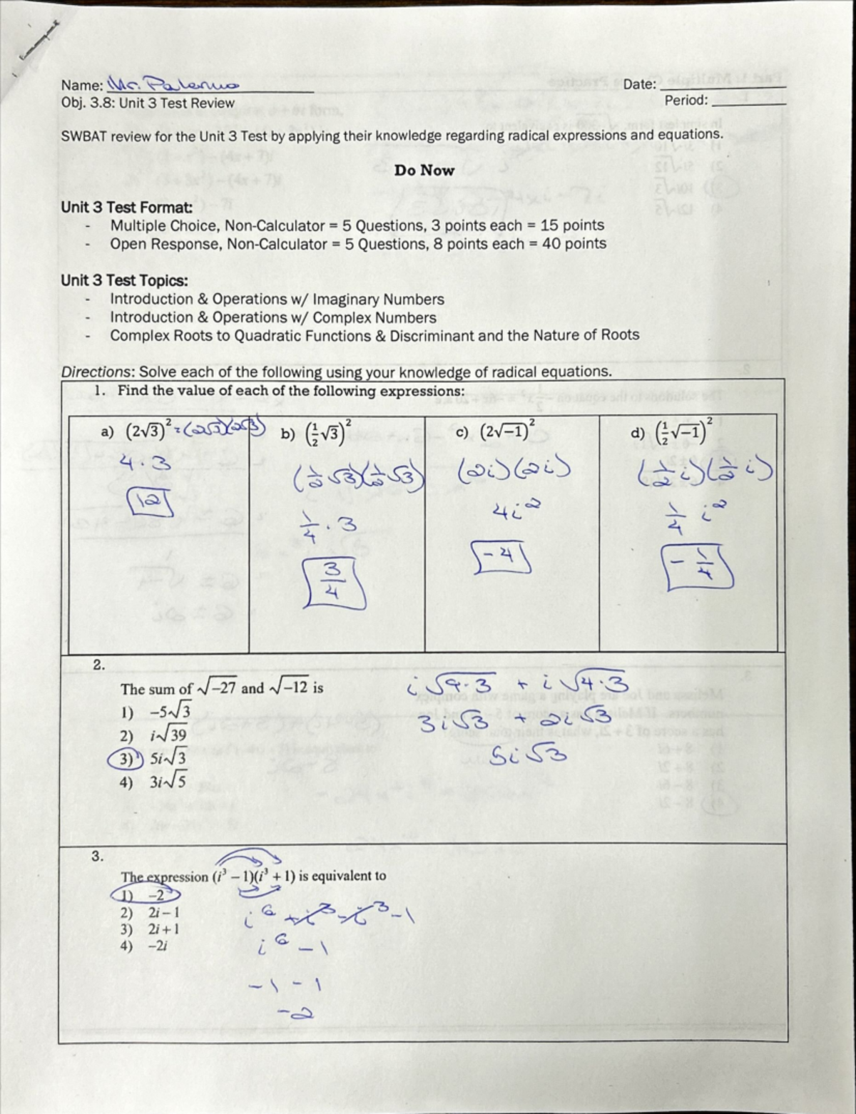 11-30-23 - Lesson 3.8 - Unit 3 Test Review - Complex Numbers - Answer ...