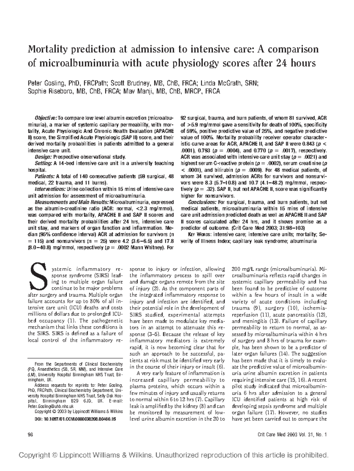 Mortality prediction at admission to int - Multiple organ failure ...