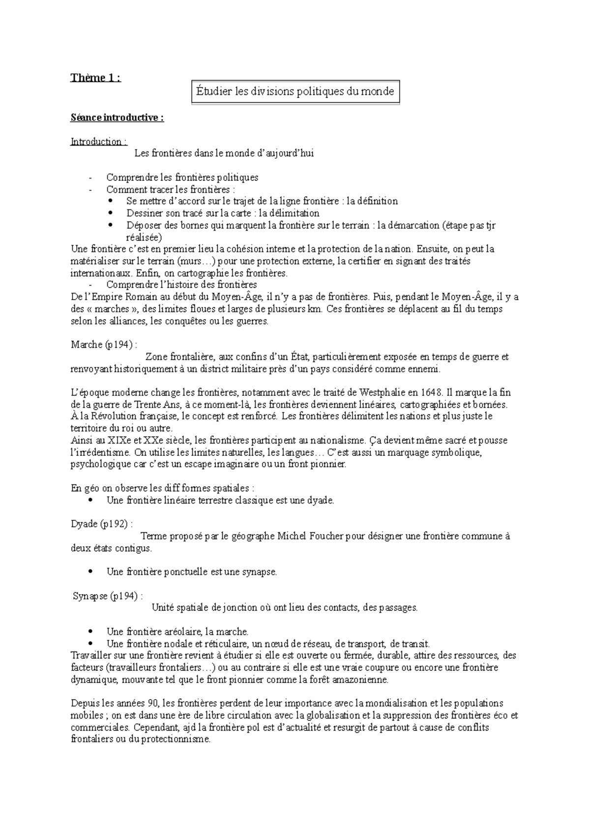 Frontières - Thème 1 : Étudier les divisions politiques du monde Séance ...