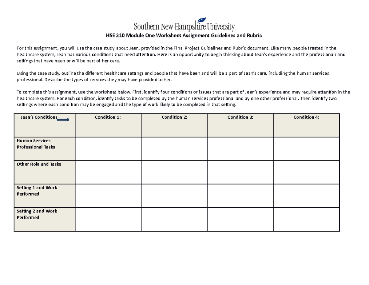 HSE 210 Module One Worksheet Assignment Guidelines and Rubric - Like ...
