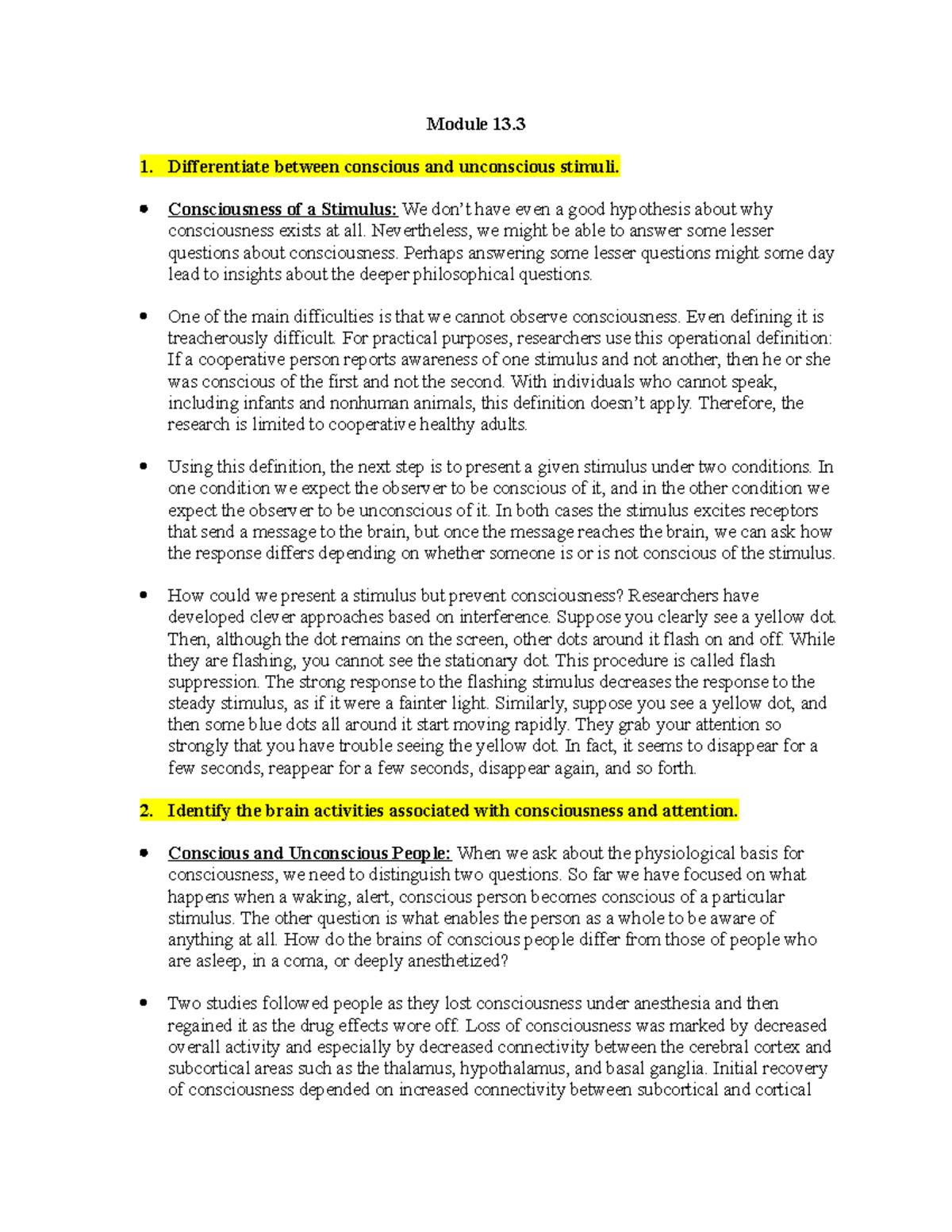 Module 13.3 Consciousness of a Stimulus - Module 13. Differentiate ...