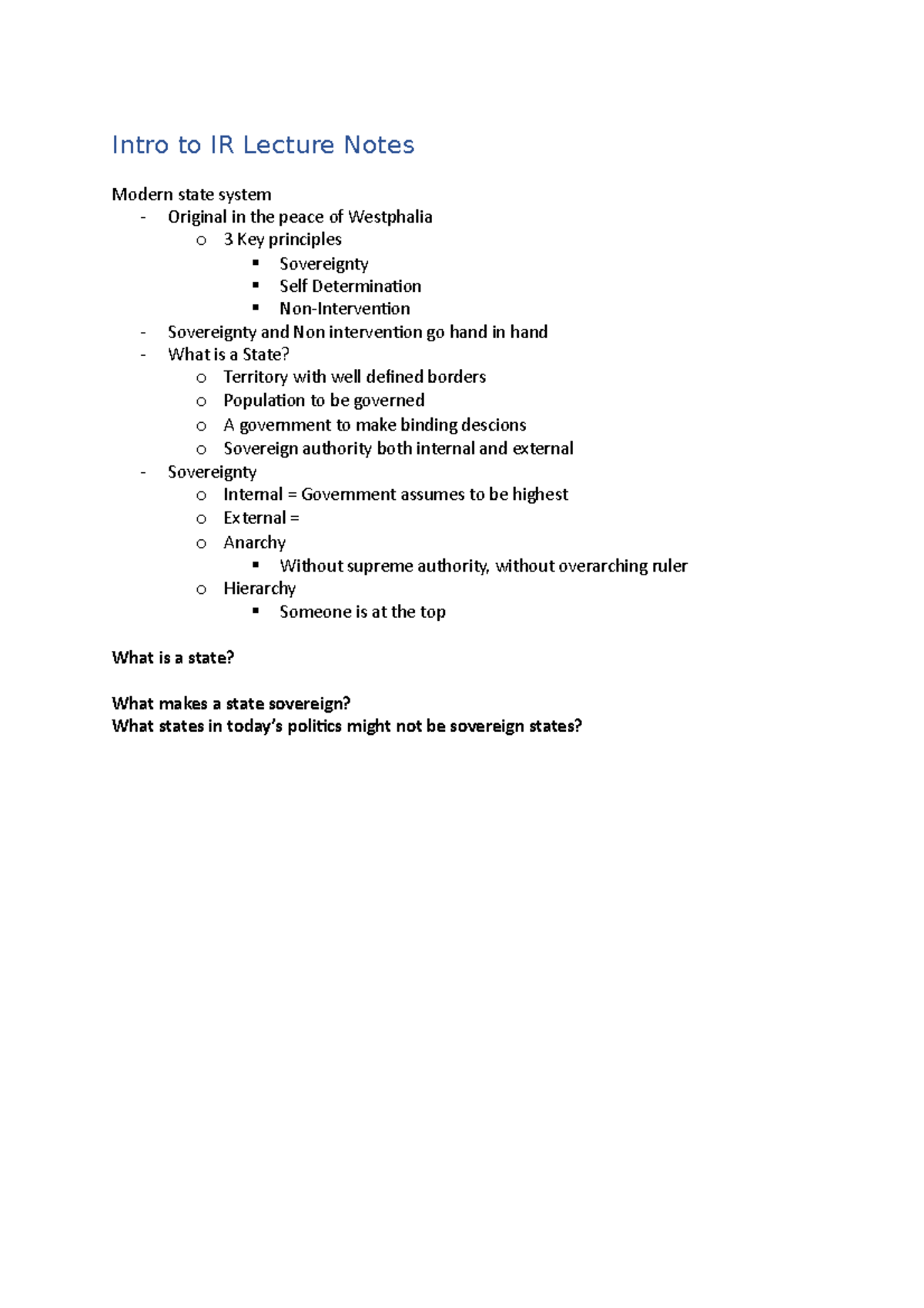 Intro To Ir Lecture Notes Intro To Ir Lecture Notes Modern State System Original In The