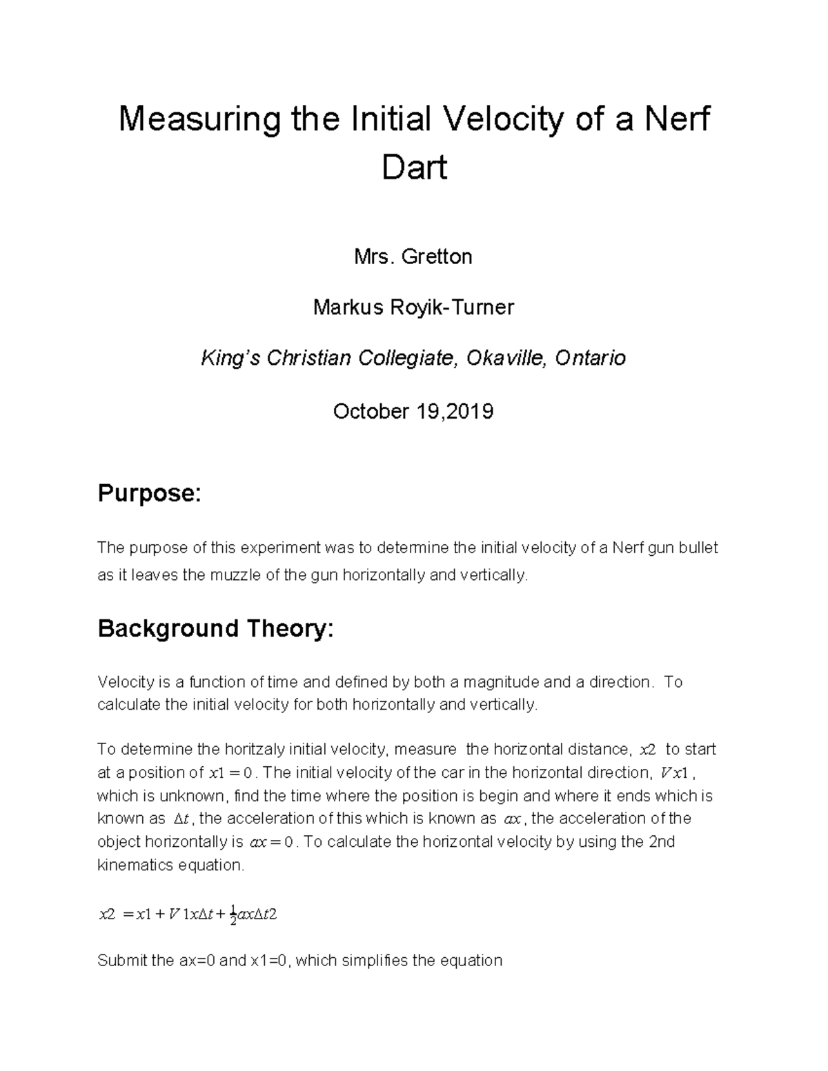 Science 2019 Physics Lab Report Draft - Measuring the Initial Velocity ...
