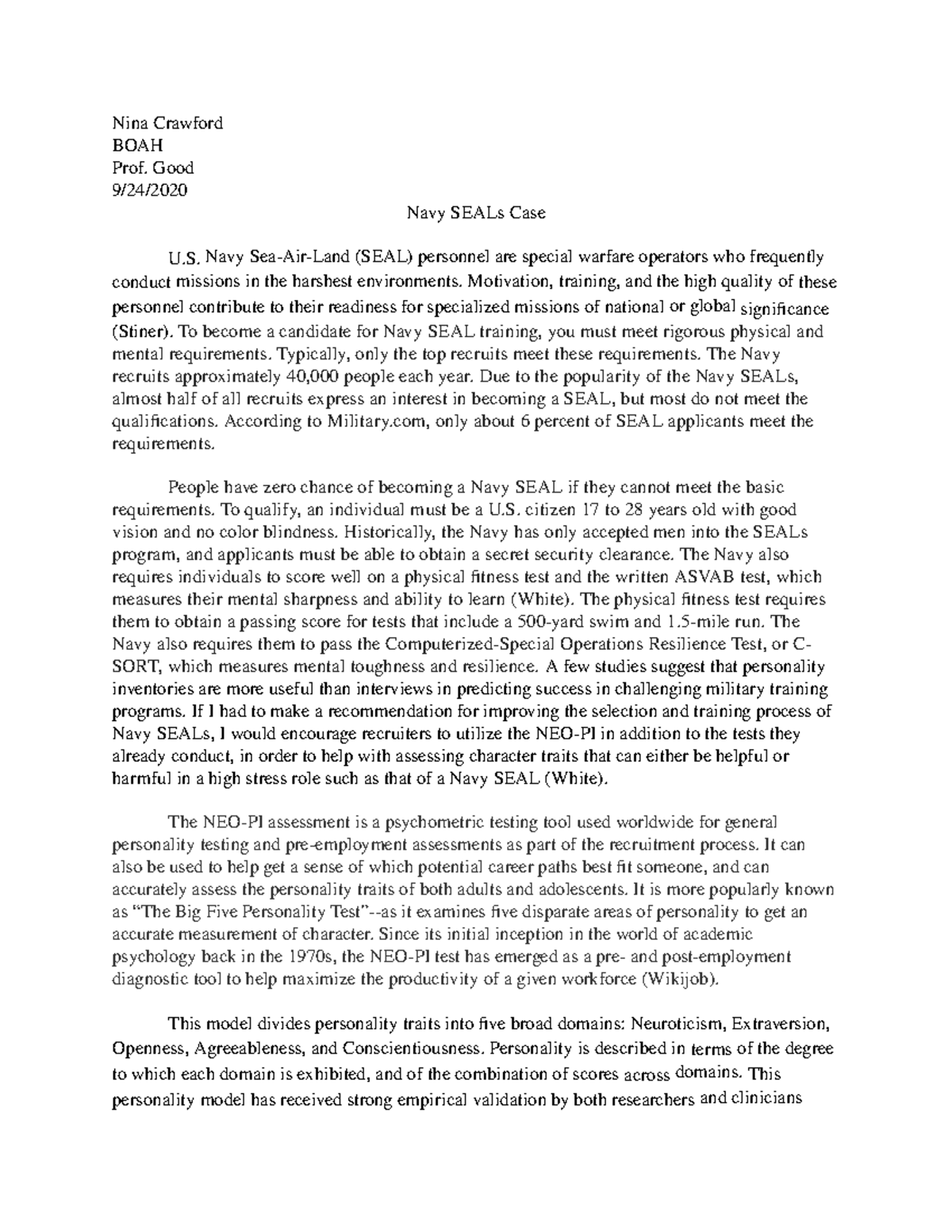 Navy SEALs Essay - Grade: 90 - Nina Crawford BOAH Prof. Good 9/24/ Navy ...