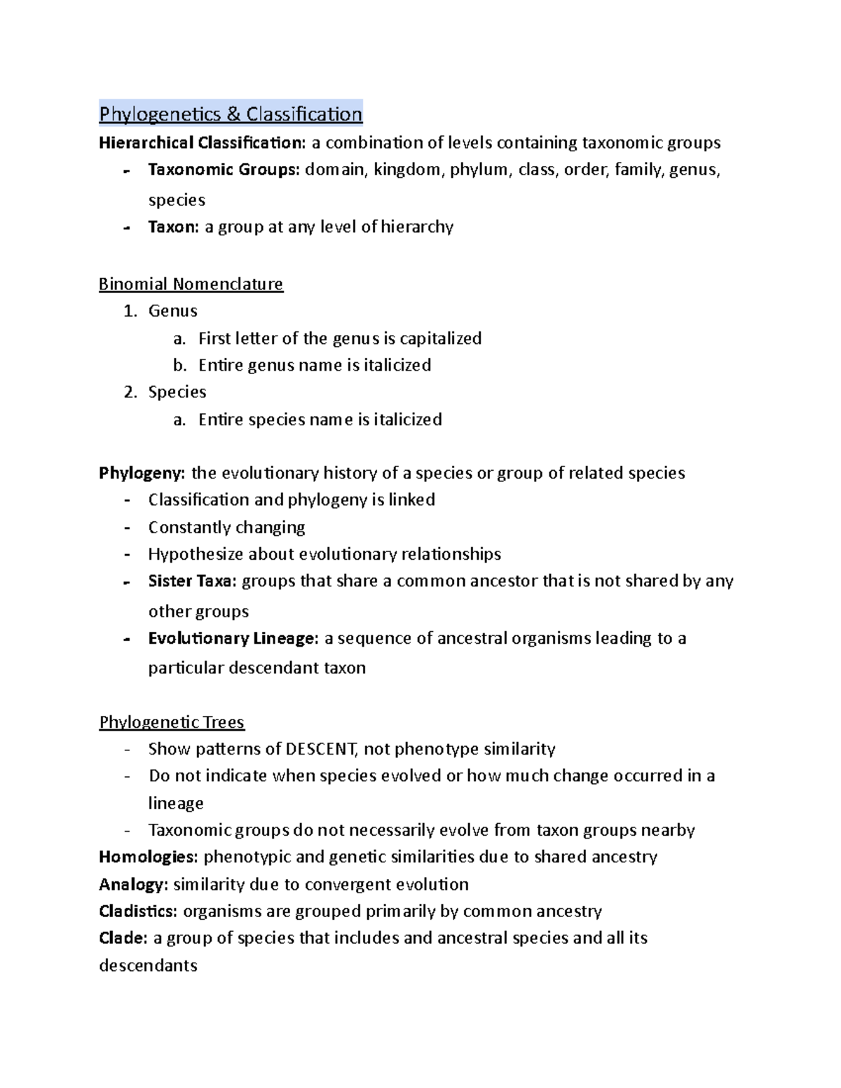 BIOL 141 - Exam 2 Notes Part 2 - Phylogenetics & Classification ...