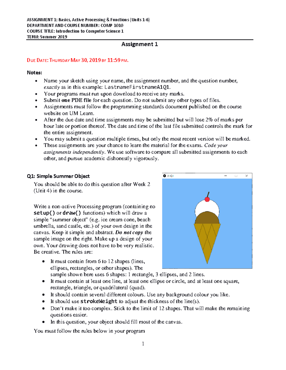 Assignment 1-COMP1010-Summer 2019 - ASSIGNMENT 1: Basics, Active Processing & Functions - Studocu