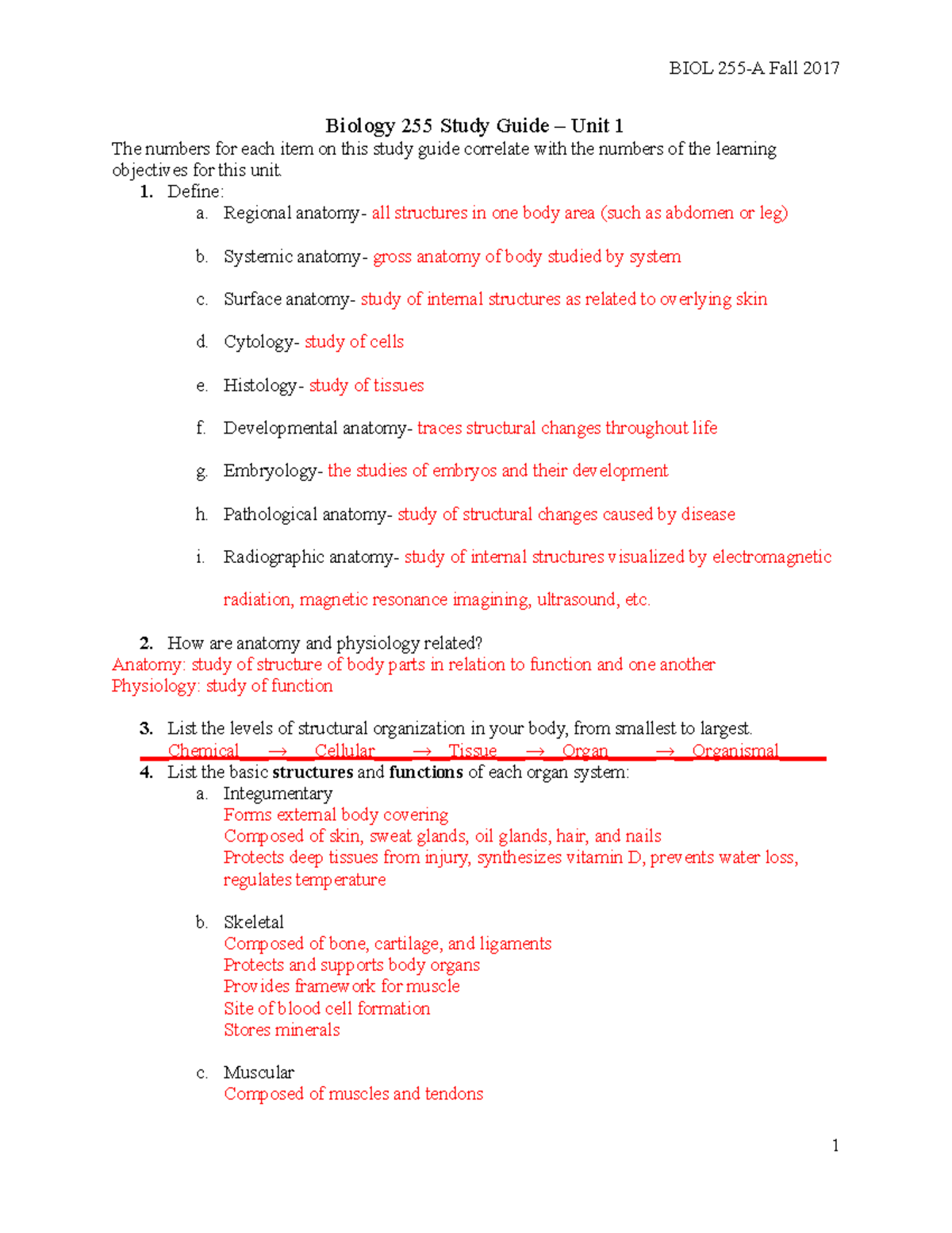 Biology 255 Unit 1 Study Guide 2018 BIOL Fall 2017 Biology 255 Study 