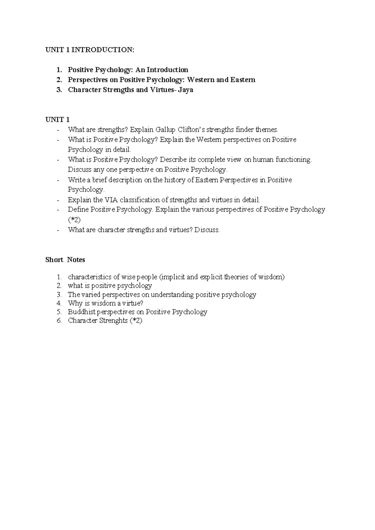 PP Unit 1 - Positive psycho - UNIT 1 INTRODUCTION: Positive Psychology ...