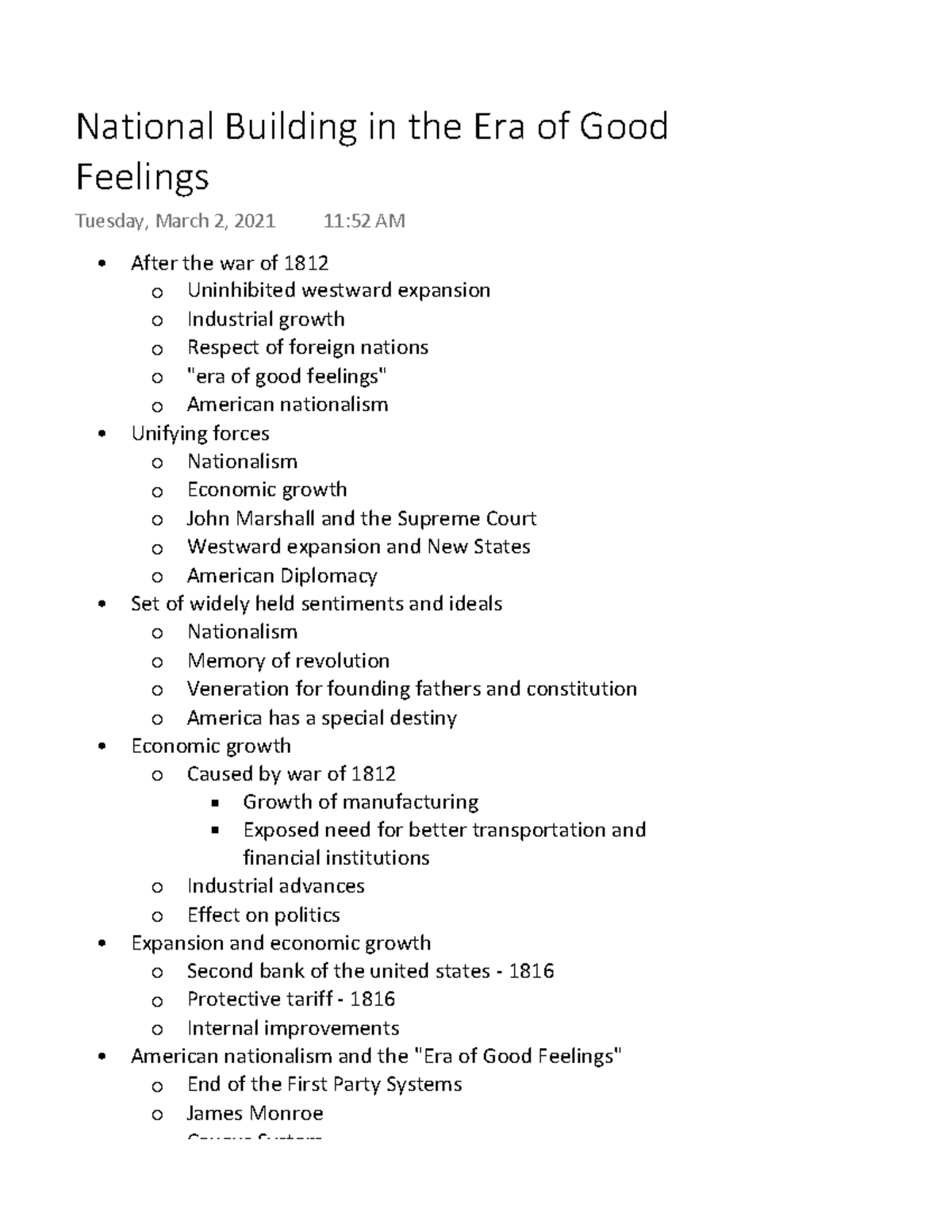 National Building in the Era of Good Feelings - After the war of 1812 ...